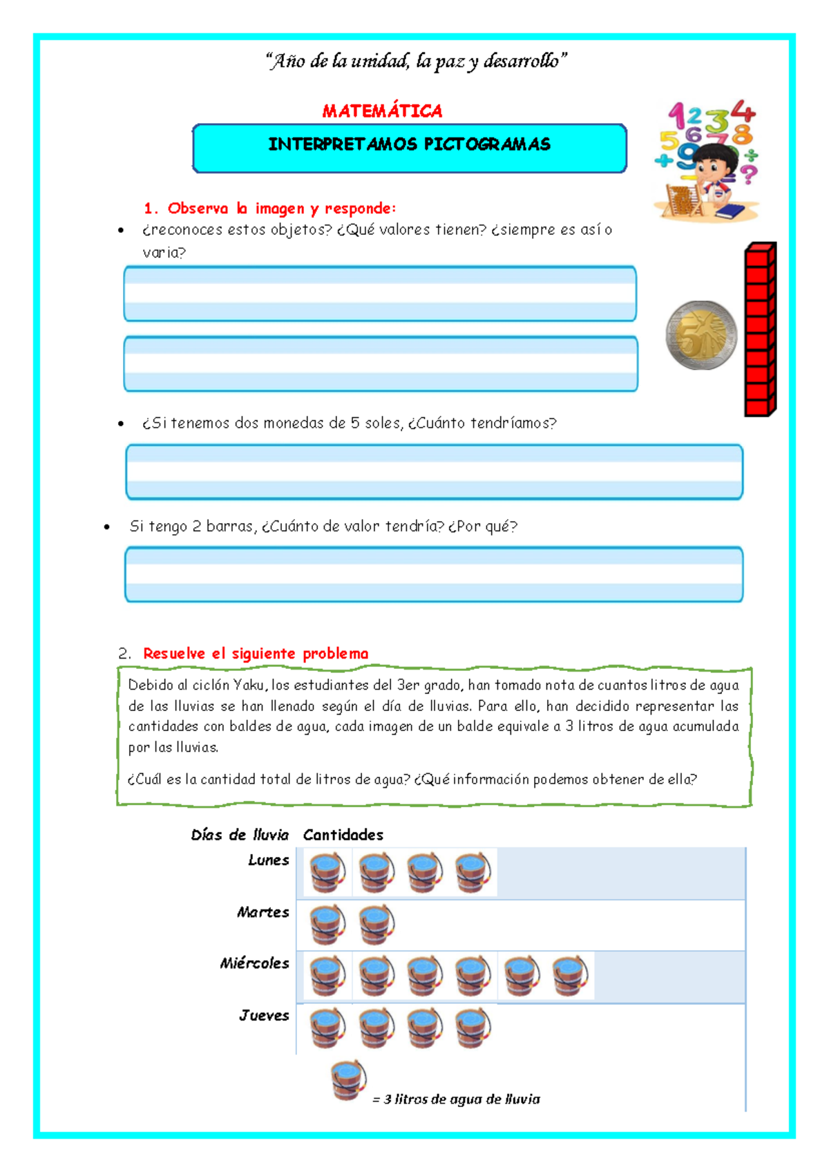 3º Ficha MAT. Pictogramas - MATEMÁTICA 1. Observa la imagen y responde ...