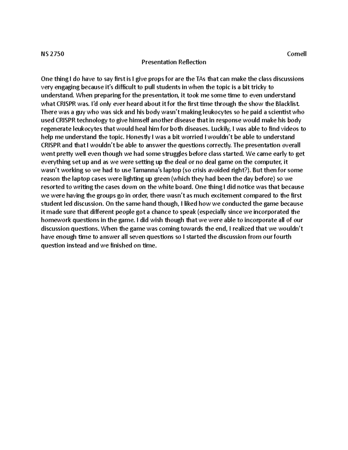 Week 8 Reflection Notes - NS 2750 Cornell Presentation Reflection One ...