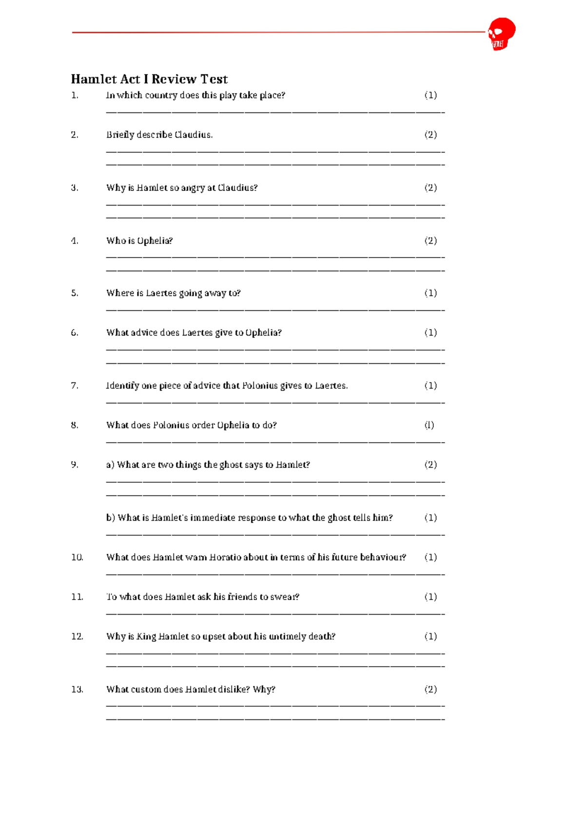 Hamlet Review Tests per Act - Hamlet Act I Review Test 1. In which ...