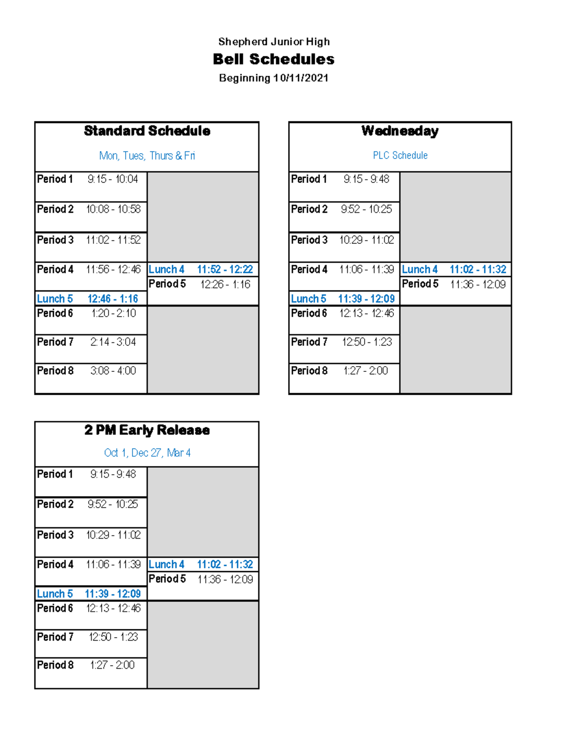 21-22 bell schedule 4 min passing - Shepherd Junior High Period 8 3:08 ...