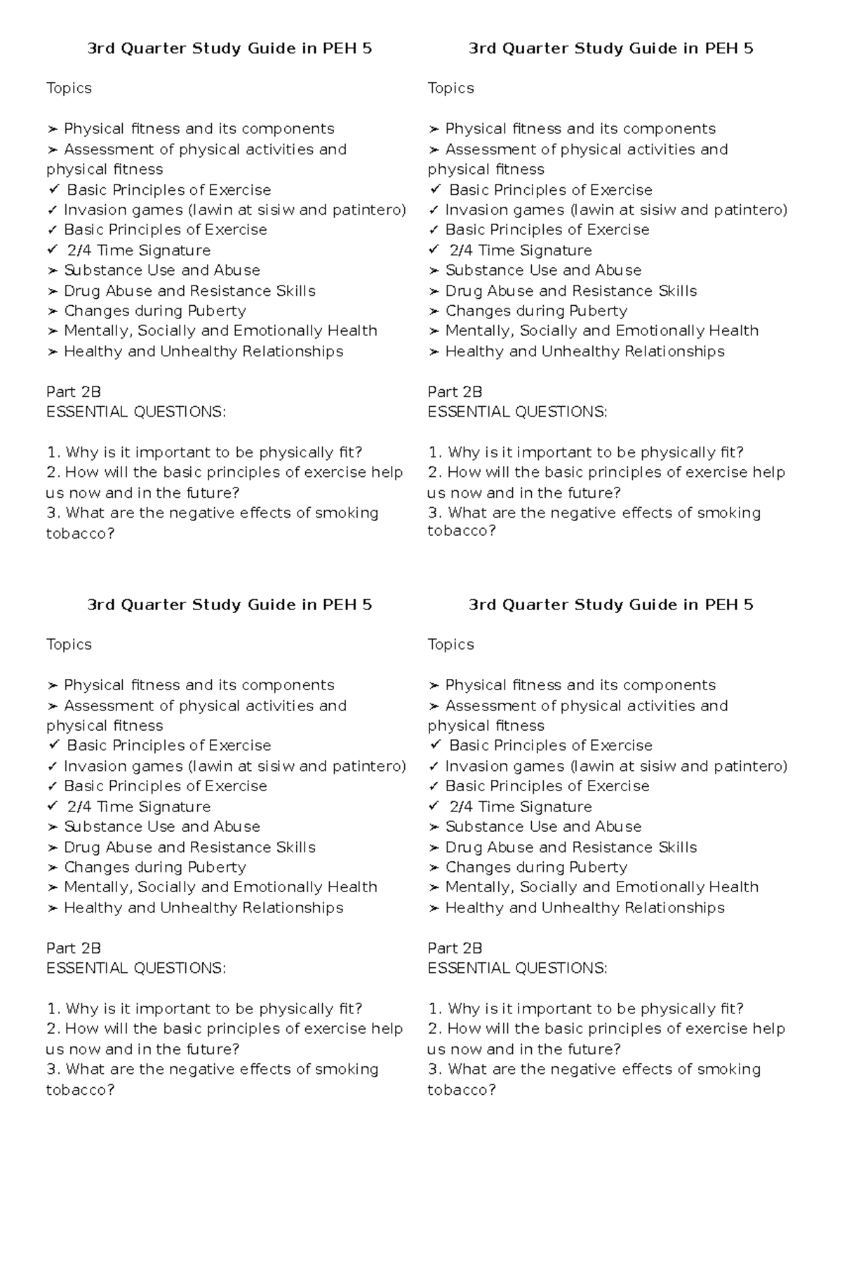 3rd Quarter Study Guide in PEH 5 - Studocu