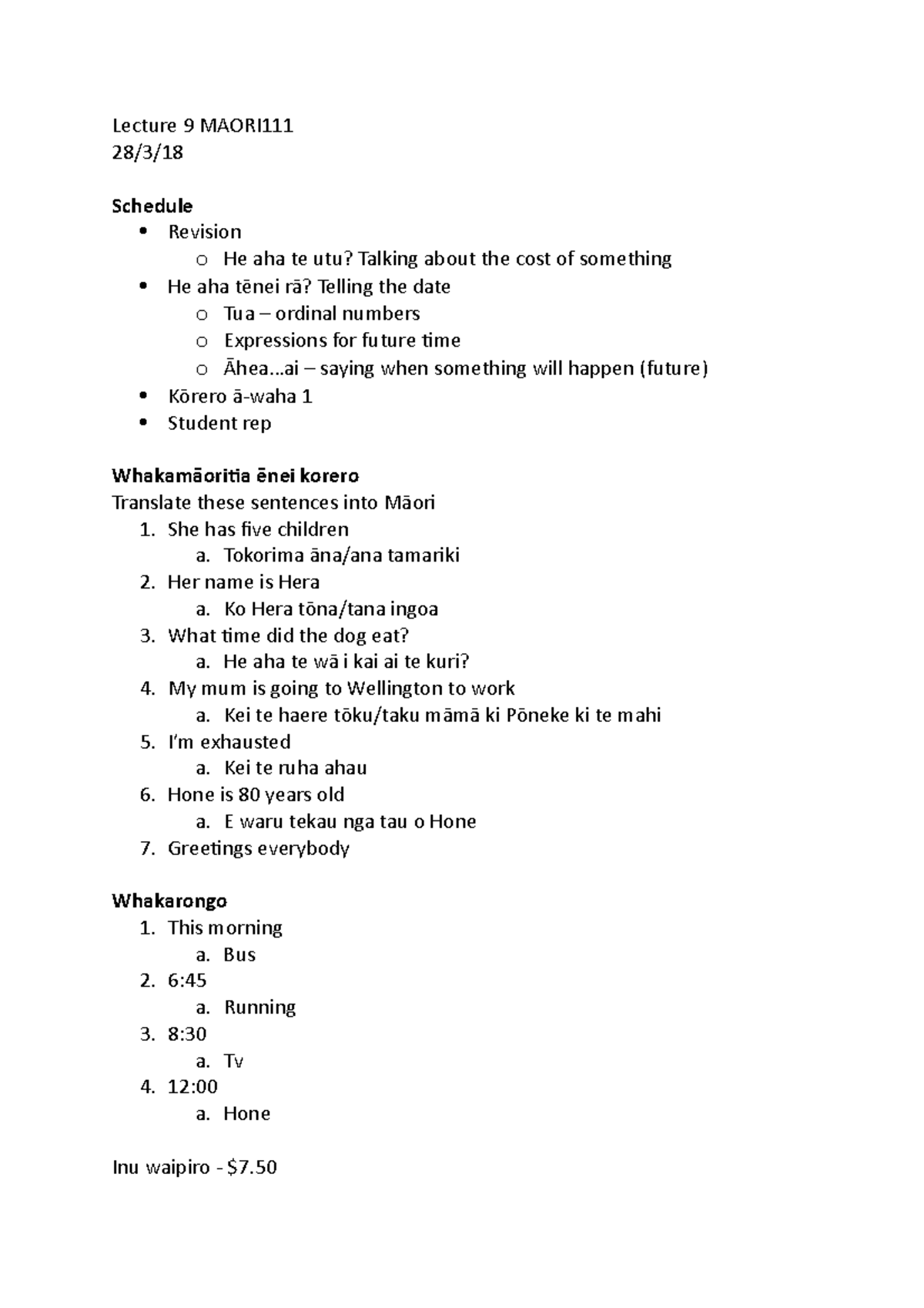MAORI111 A 26 - Lecture notes 4 - Lecture 9 MAORI 28/3/ Schedule ...