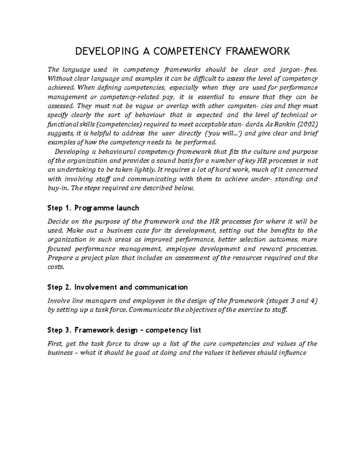 Developing A Competency Framework - DEVELOPING A COMPETENCY FRAMEWORK ...