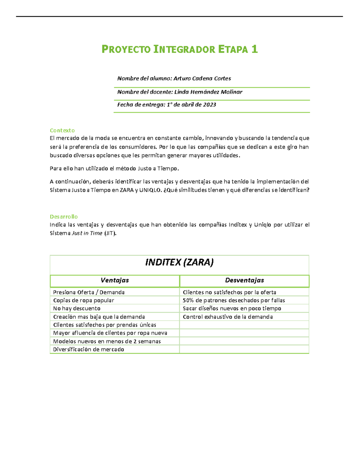 A6 ACC - A6 ACC sistemas de costos - PROYECTO INTEGRADOR ETAPA 1 Nombre ...