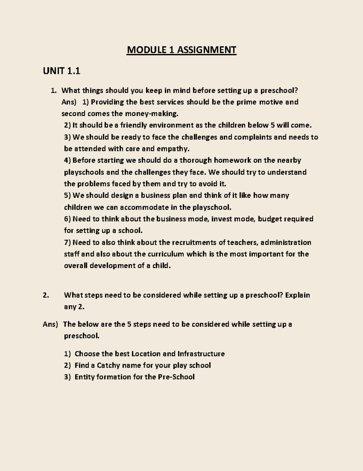 Module 1 - Its regarding preschool management - MODULE 1 ASSIGNMENT ...