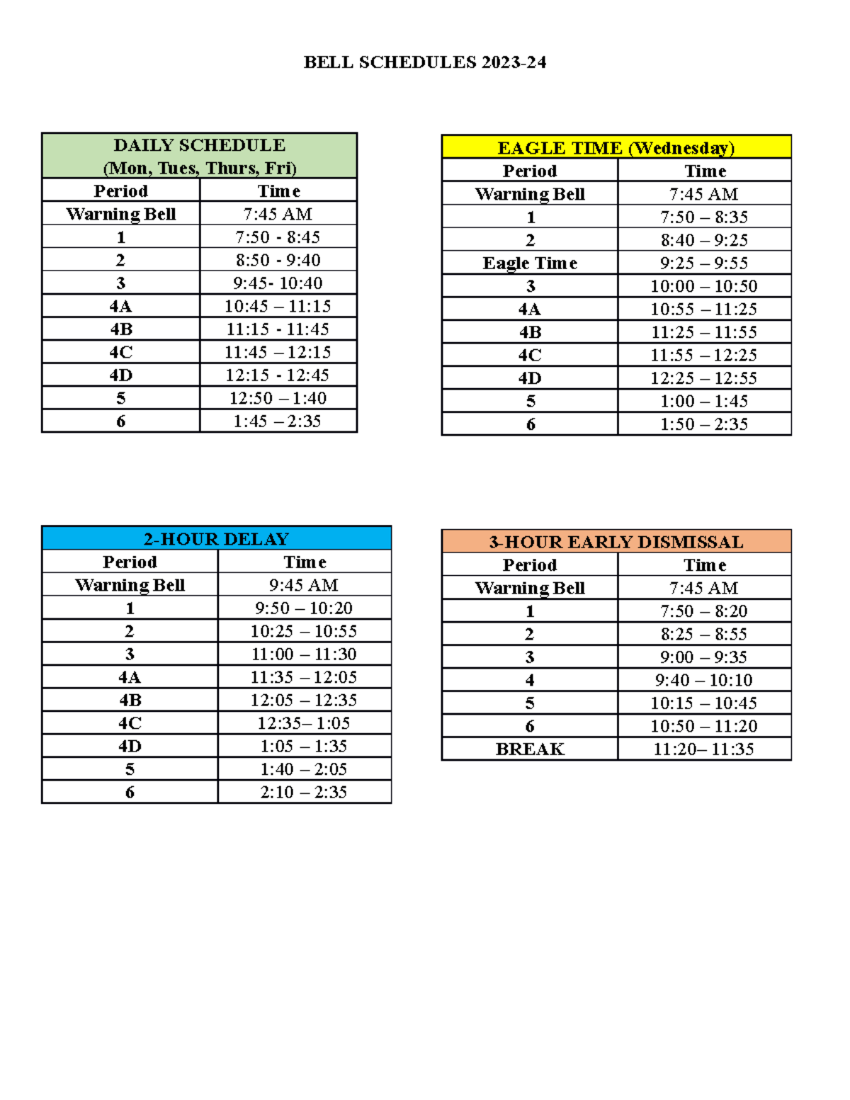Daily Schedules for Website - BELL SCHEDULES 2023- DAILY SCHEDULE (Mon, Tues, Thurs, Fri) Period ...