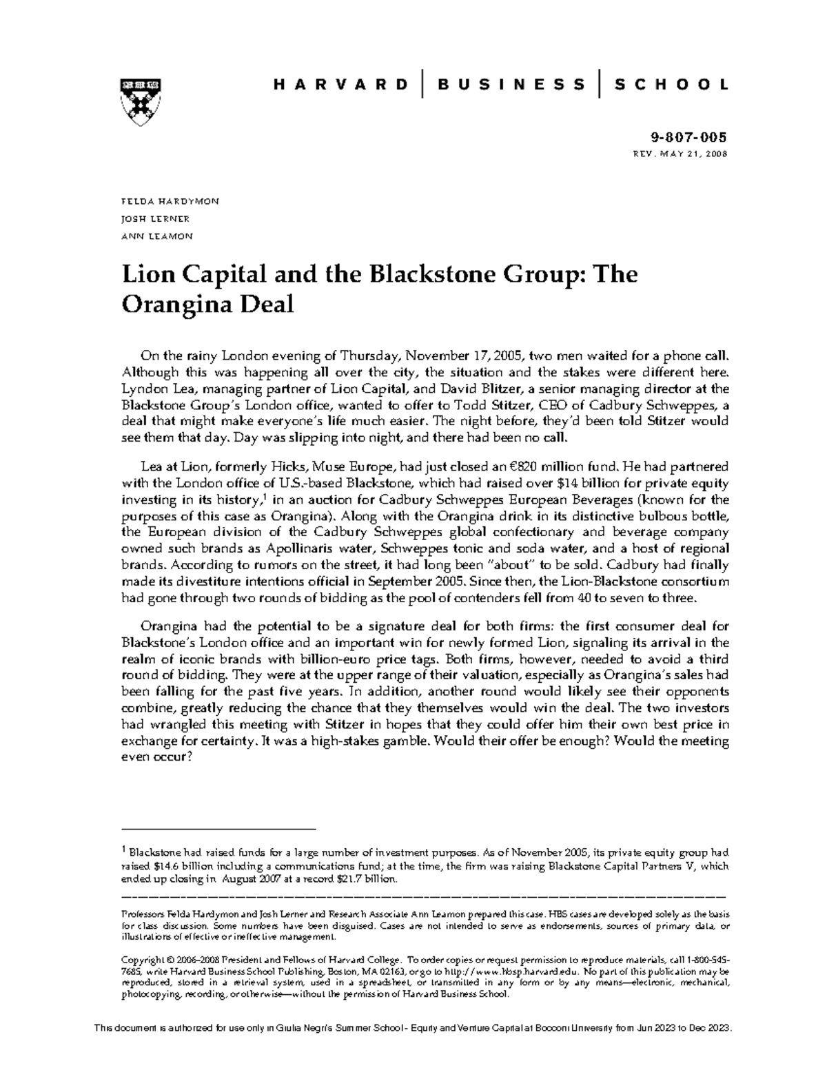 Lion Capital and the Blackstone - 9 - 8 0 7 - 0 0 5 R E V : M A Y 2 1 , 2 0 0 8 - Studocu