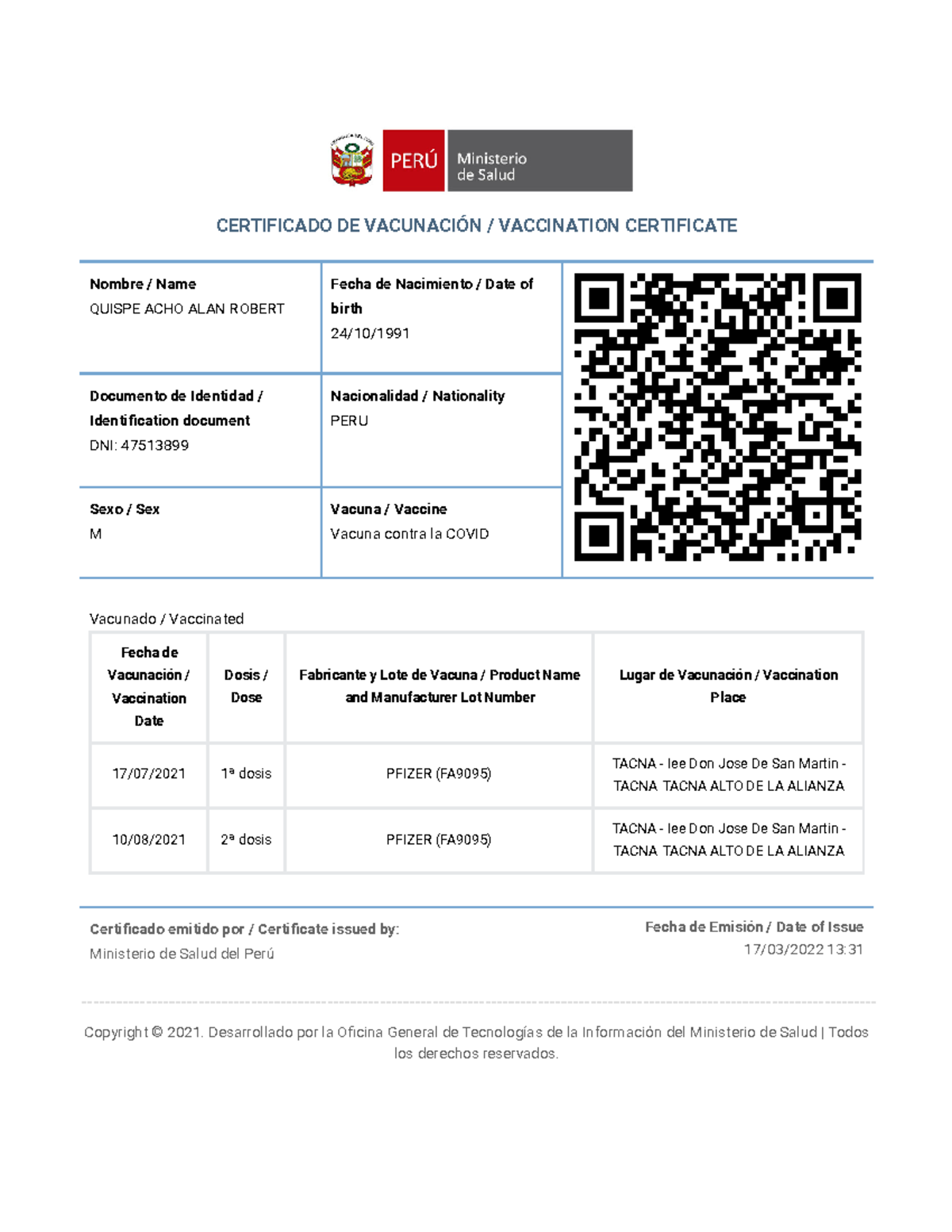 Minsa - Carnet Vacunación - Certificado emitido por / Certificate ...