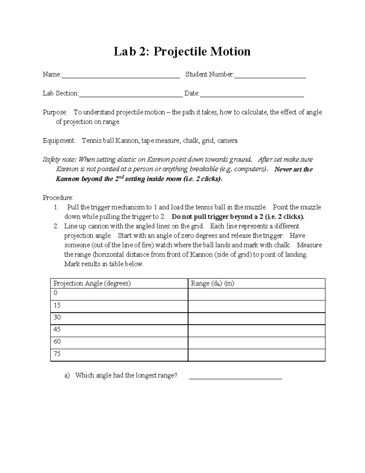Lab 2 Projectile Motion - Lab 2: Projectile Motion Name