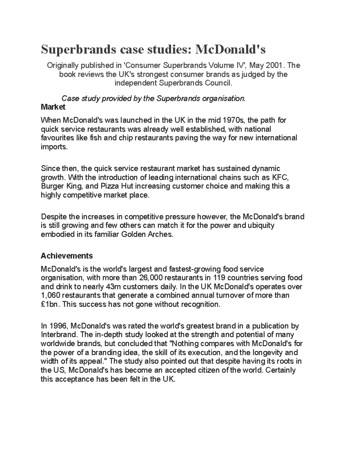 Sample of case study - case st - Superbrands case studies: McDonald's ...