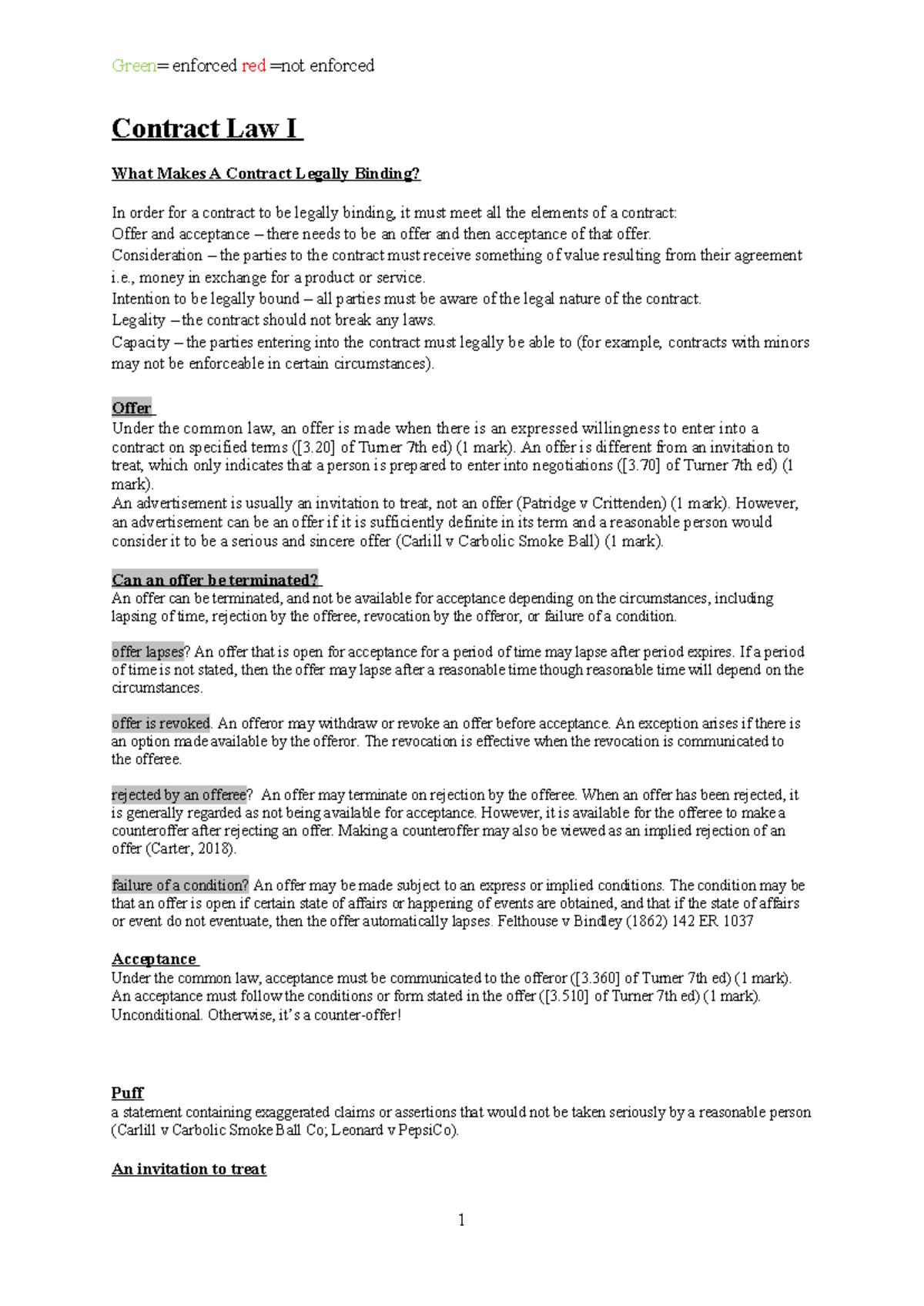 Law notes exam - Contract Law I What Makes A Contract Legally Binding ...