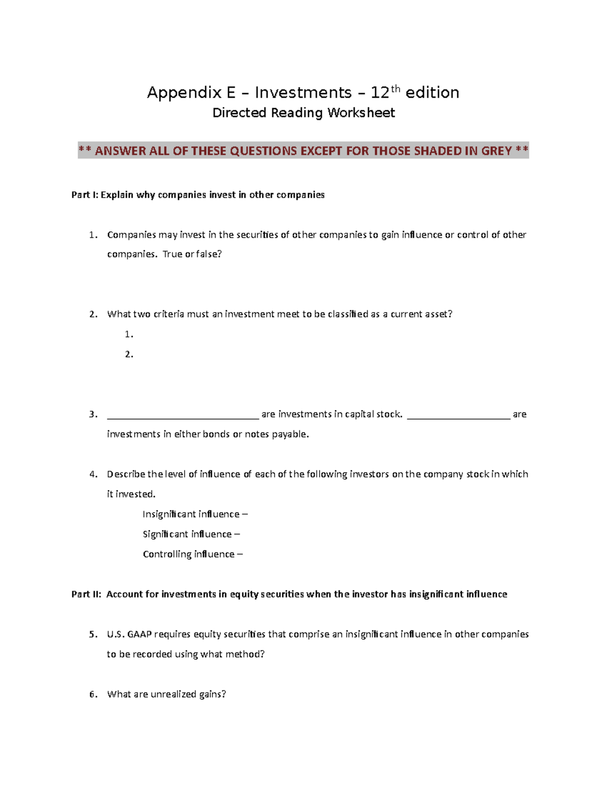 Direct Reading Notes Appendix E Blank - Appendix E – Investments – 12th ...