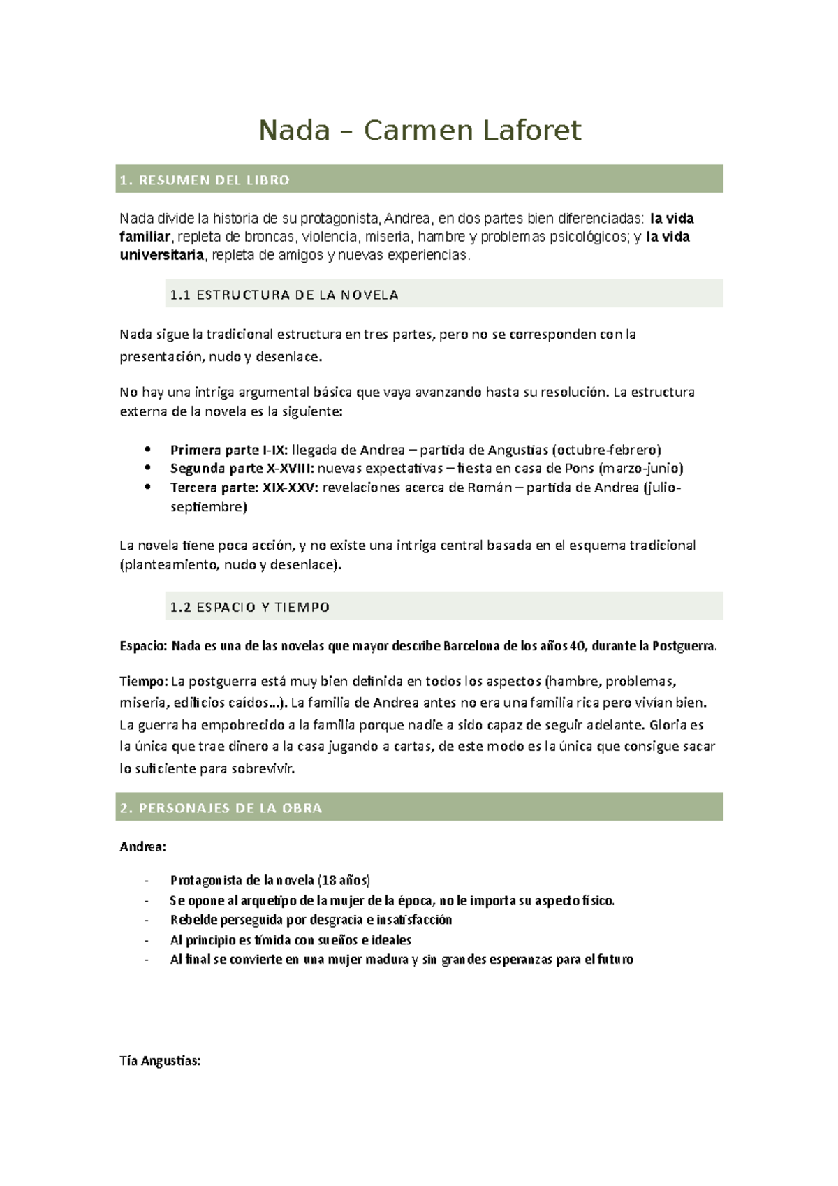 NADA - Aountes del libro de lectura NADA - Nada – Carmen Laforet 1 ...