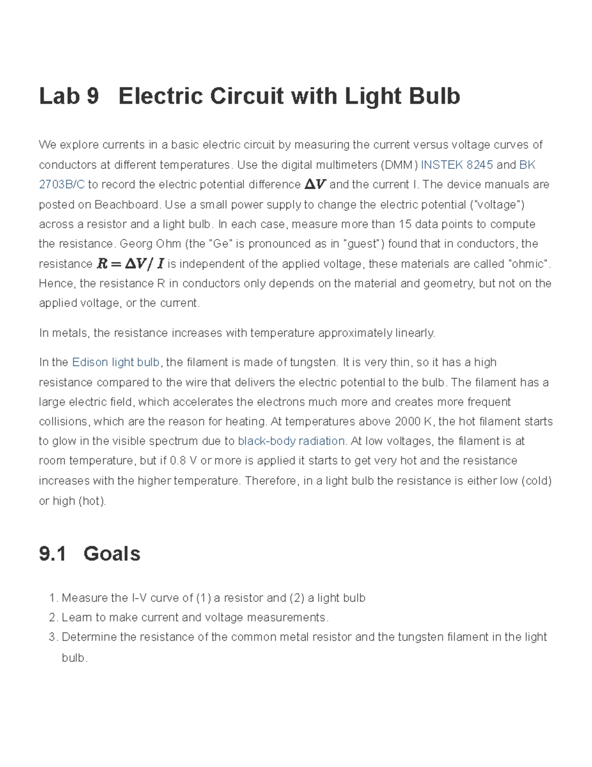 Lab 9 Electric Circuit with Light Bulb PHYS 152 Laboratory Manual 2022 ...