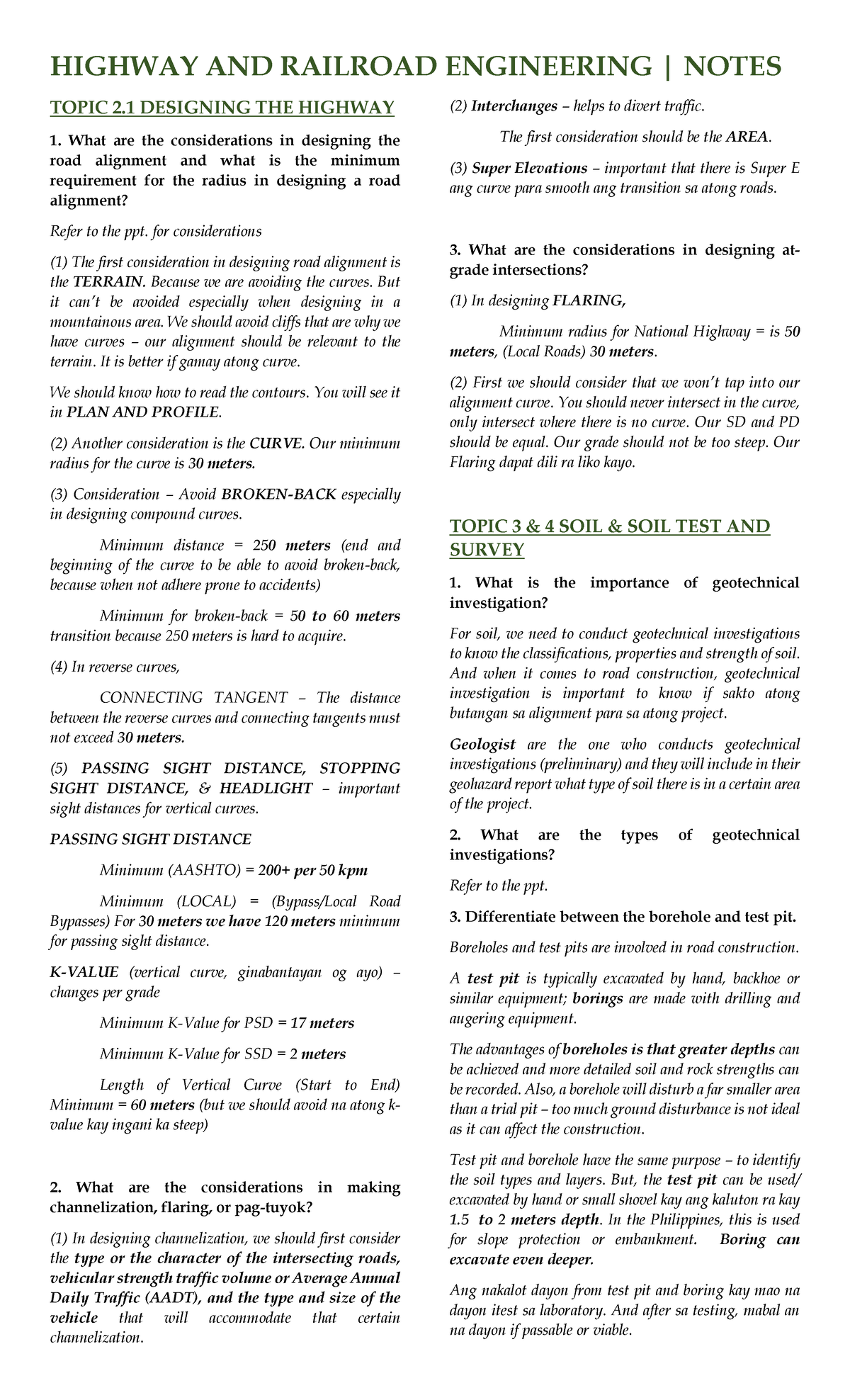 Hre Midterm Notes To Help With Key Points Highway And Railroad Engineering Notes Topic 2