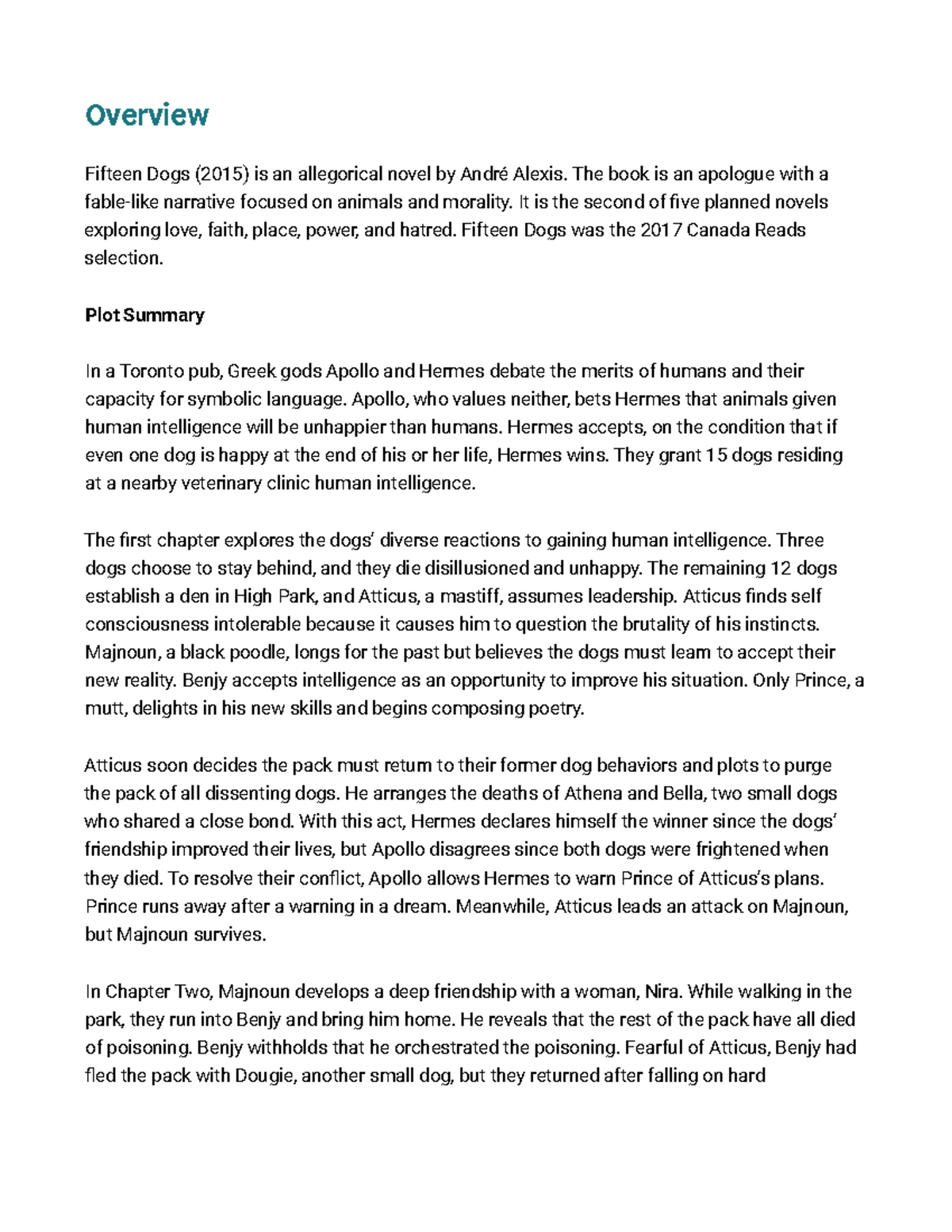 Fifteen Dogs Summary and Analysis - 3 Overview Fifteen Dogs (2015) is ...