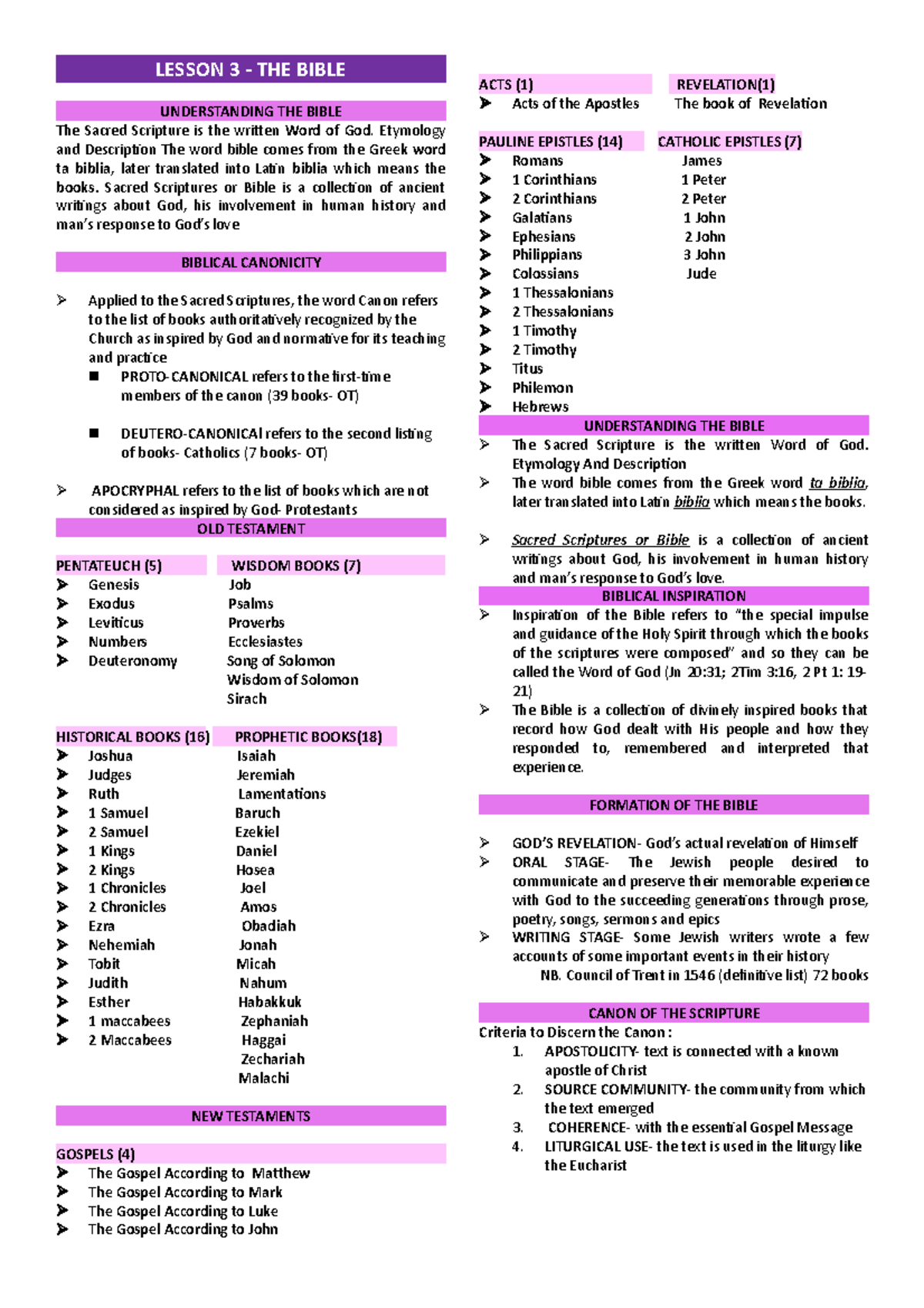 Lesson 3-The bible - Lecture notes 1 - LESSON 3 - THE BIBLE ...