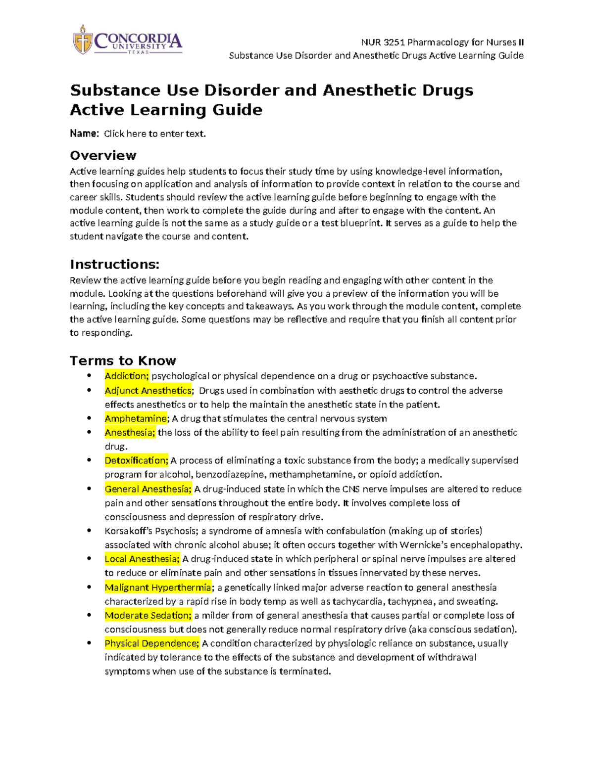 Substance Use Disorder and Anesthetic Drugs Active Learning Guide ...