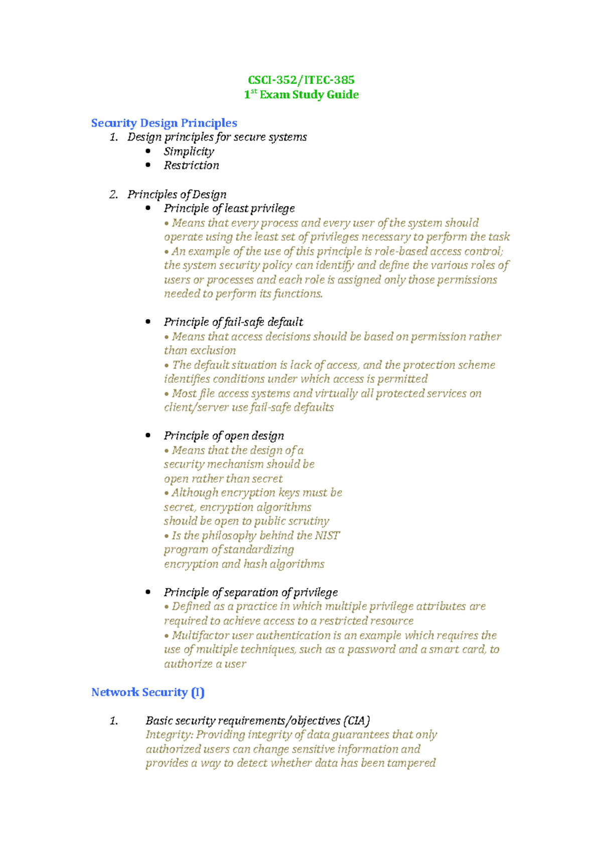 1st Intro to Network Security Exam Study Guide - CSCI-352/ITEC- 1 st Exam Study Guide Security ...