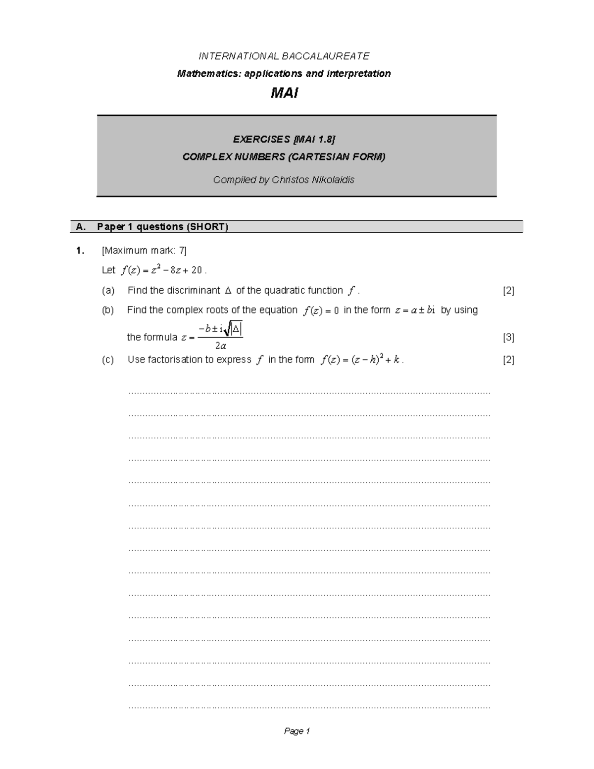 [MAI 1.8 Complex Numbers ( Cartesian FORM) - INTERNATIONAL ...