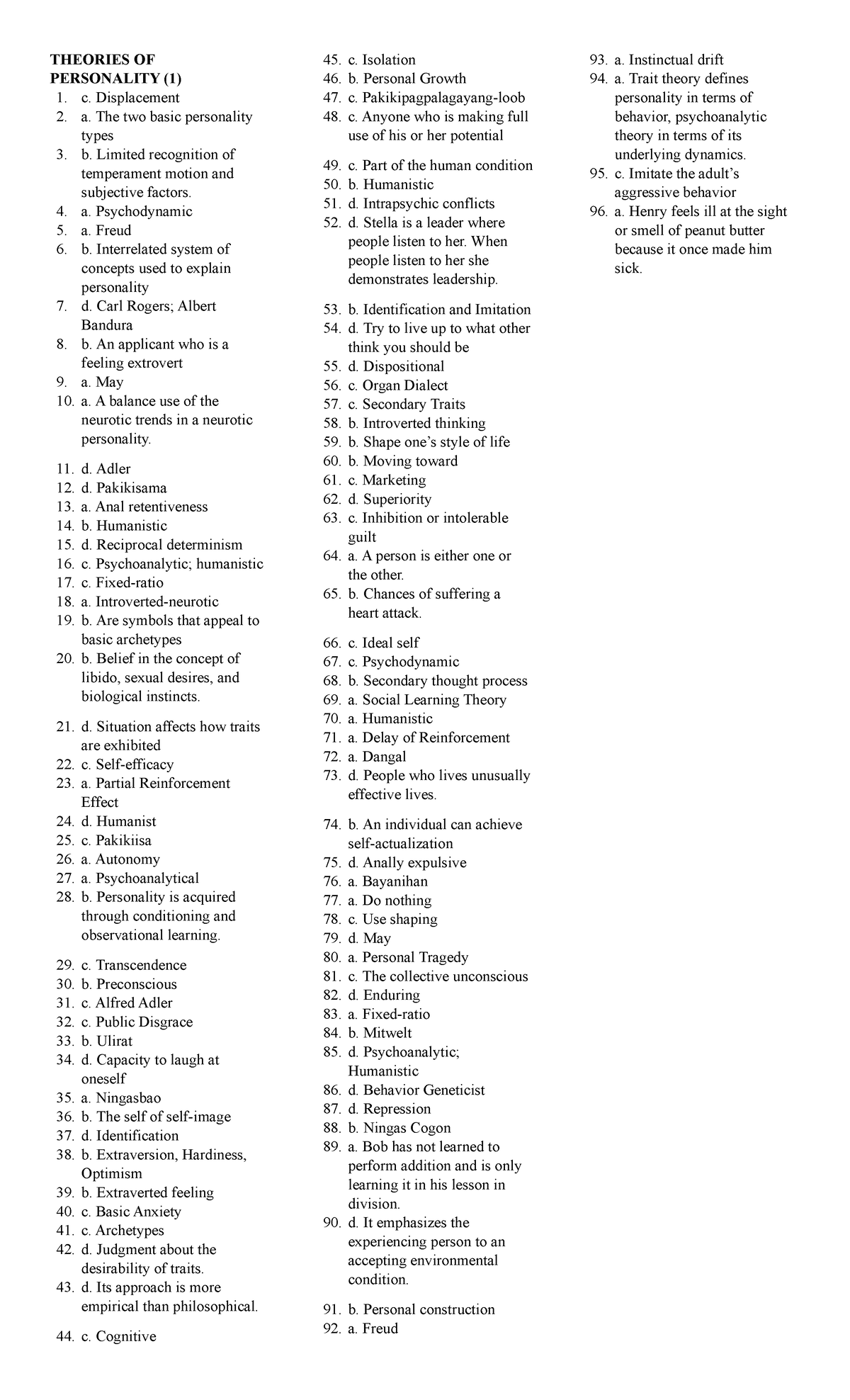 Answer Key - Theories of Personality - THEORIES OF PERSONALITY (1) c ...