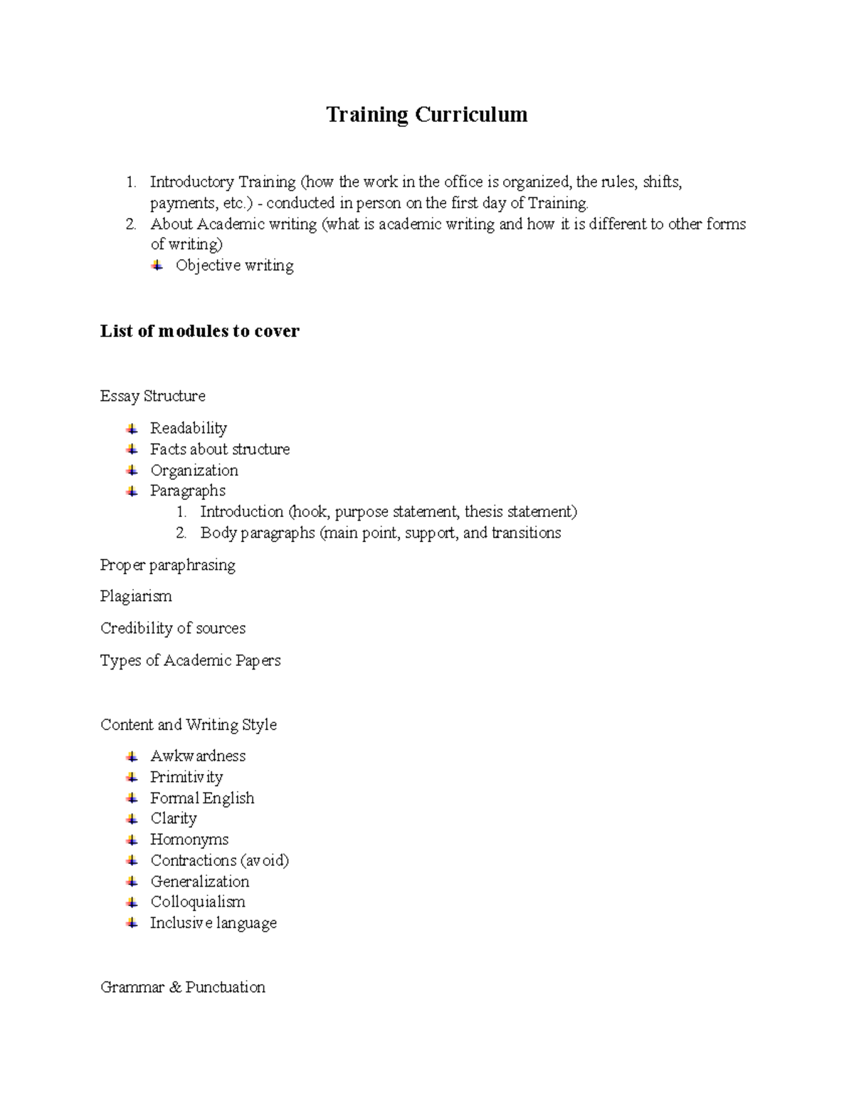 Training Curriculum - Yes - Training Curriculum 1. Introductory ...