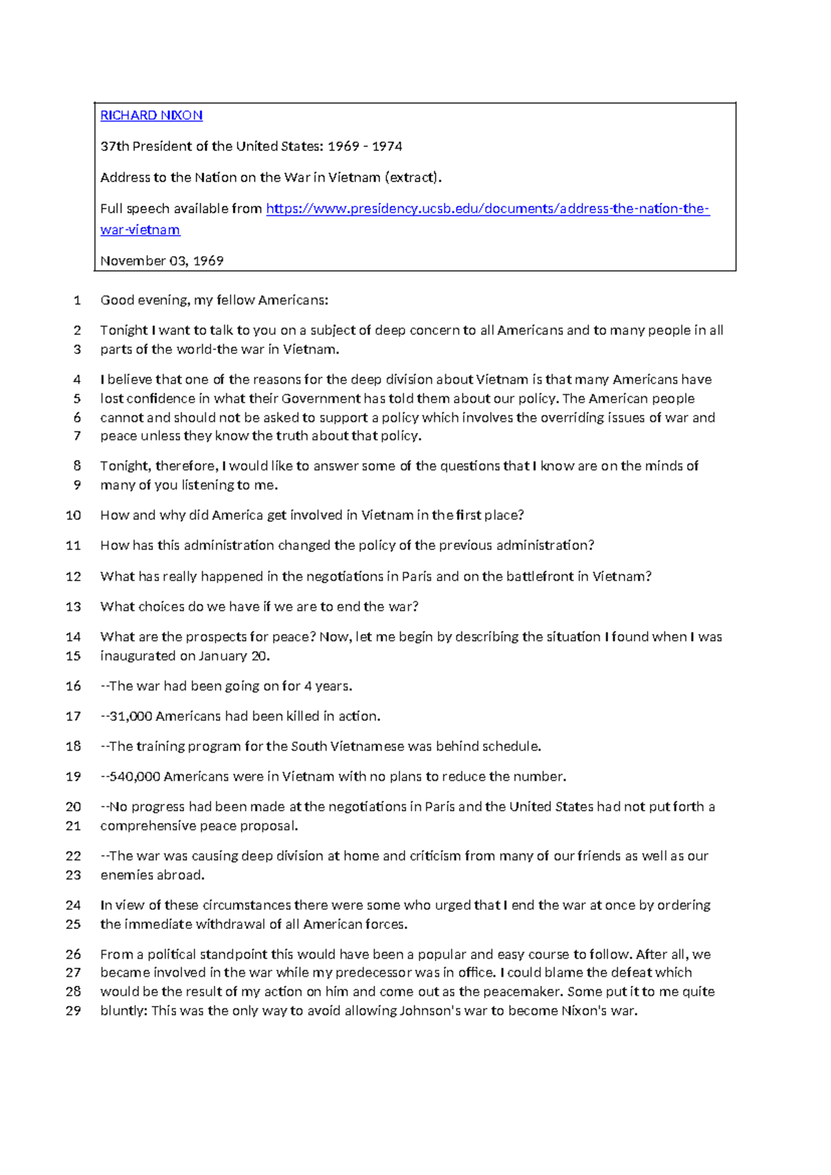 Task - Richard Nixon speech - RICHARD NIXON 37th President of the ...