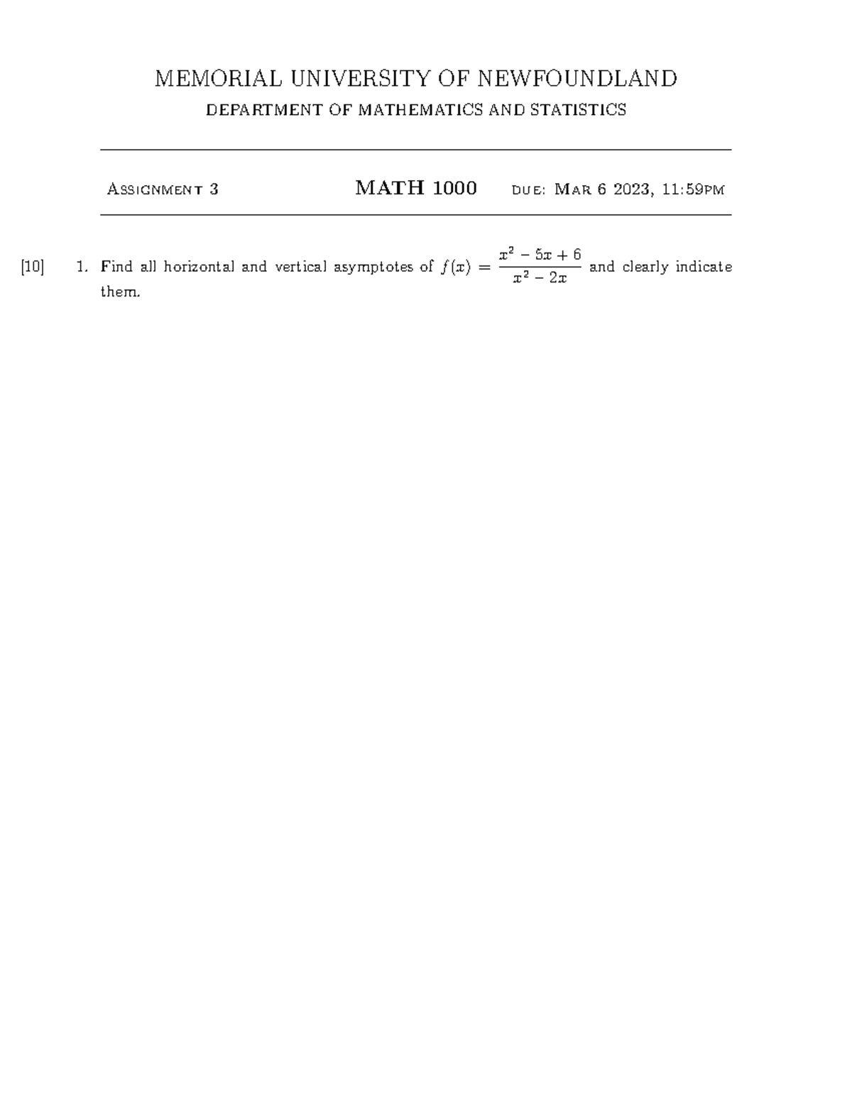 Assignment 4 math - MEMORIAL UNIVERSITY OF NEWFOUNDLAND DEPARTMENT OF ...