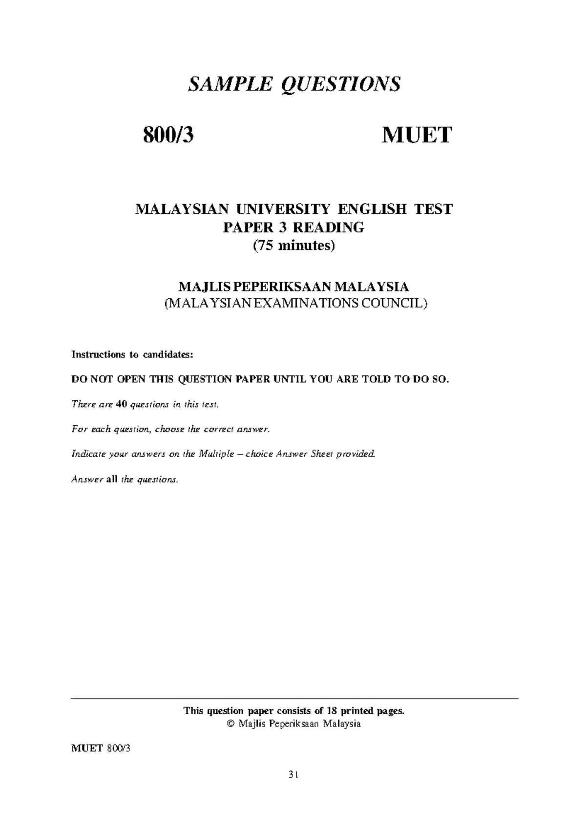 MUET Reading MPM - MUET - MUET 800/ 3 SAMPLE QUESTIONS 800/3 MUET ...