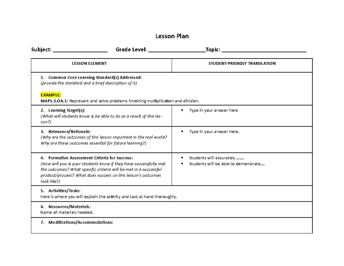 EEC4211 Lesson Plan-1 - Lesson Plan Subject: __________________ Grade ...