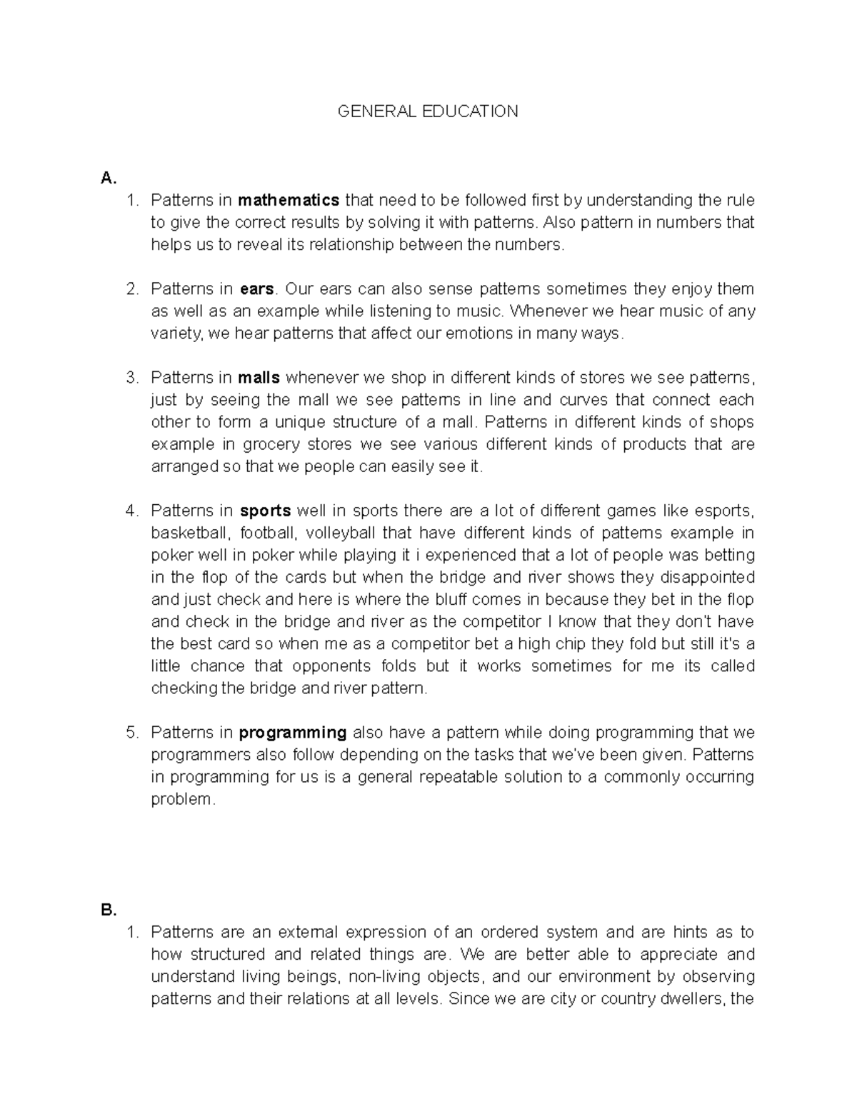 General Education - Patterns in Life - GENERAL EDUCATION A. Patterns in ...