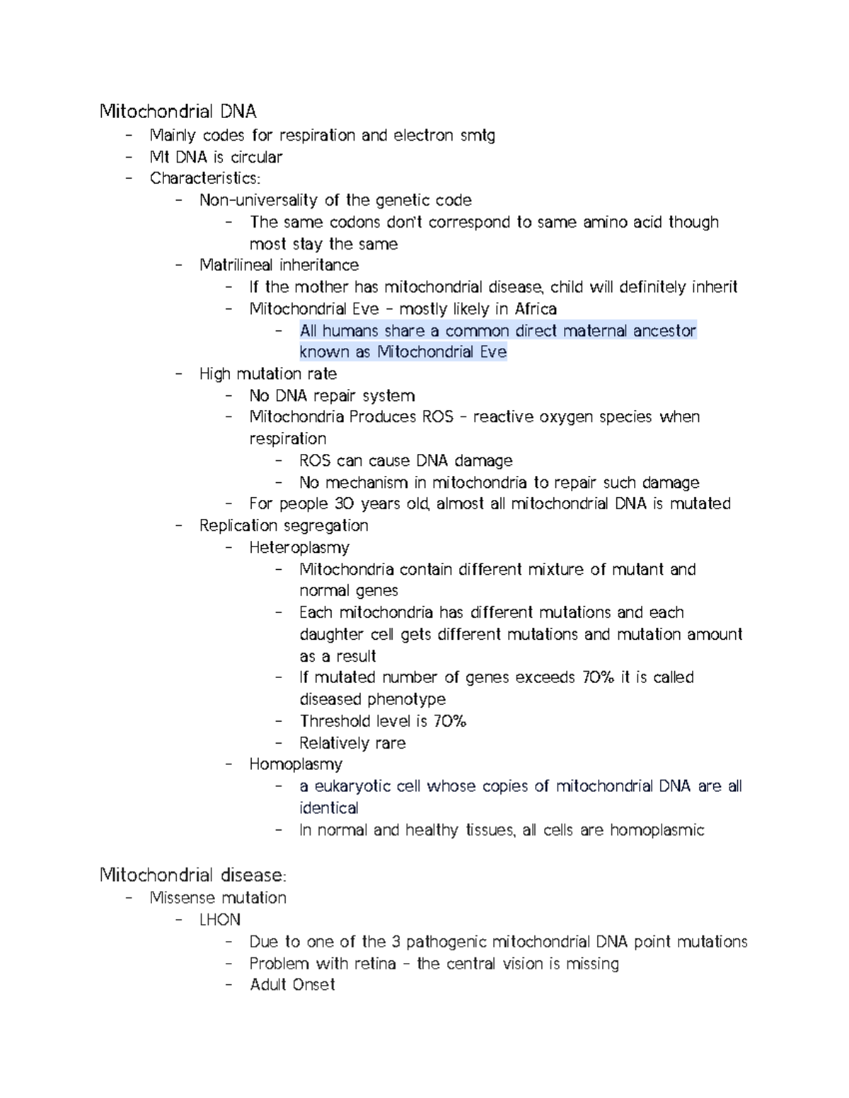 MED Gen - Summary clinical medicine - Mitochondrial DNA Mainly codes ...