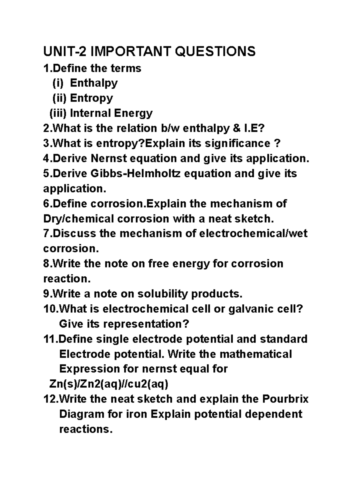 Chem unit 2 important questions - UNIT-2 IMPORTANT QUESTIONS 1 the terms (i) Enthalpy (ii ...