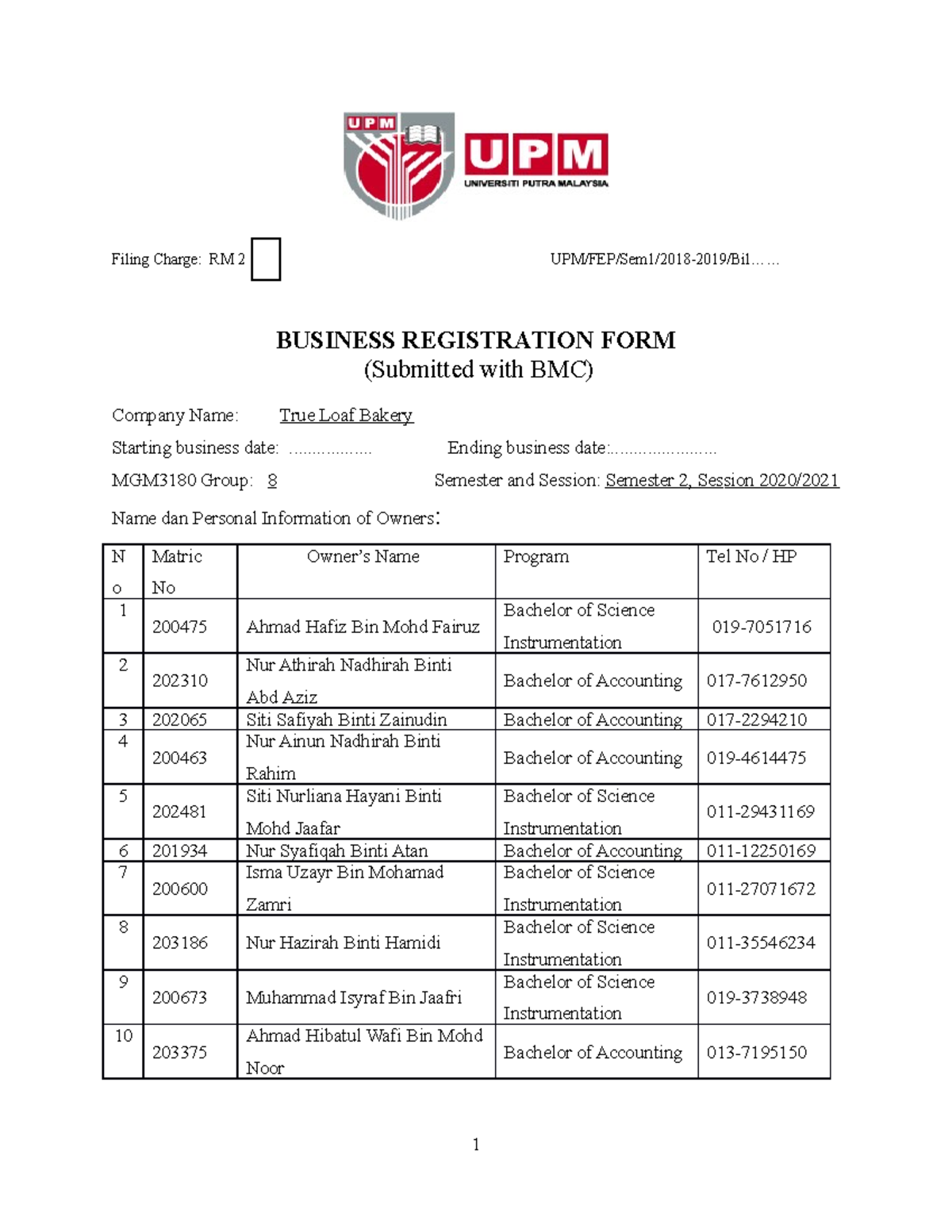 True Loaf Bakery Business Proposal Form with BMC - Filing Charge: RM 2 ...