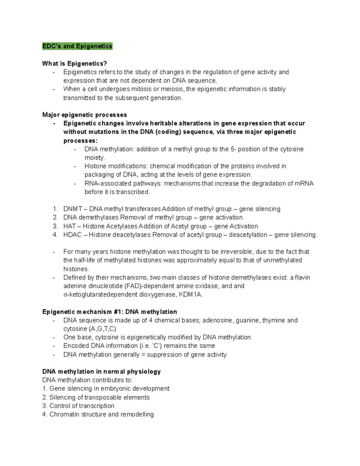 VIBS 422 Lecture 16 EDC's and Epigenetics - EDC's and Epigenetics What ...