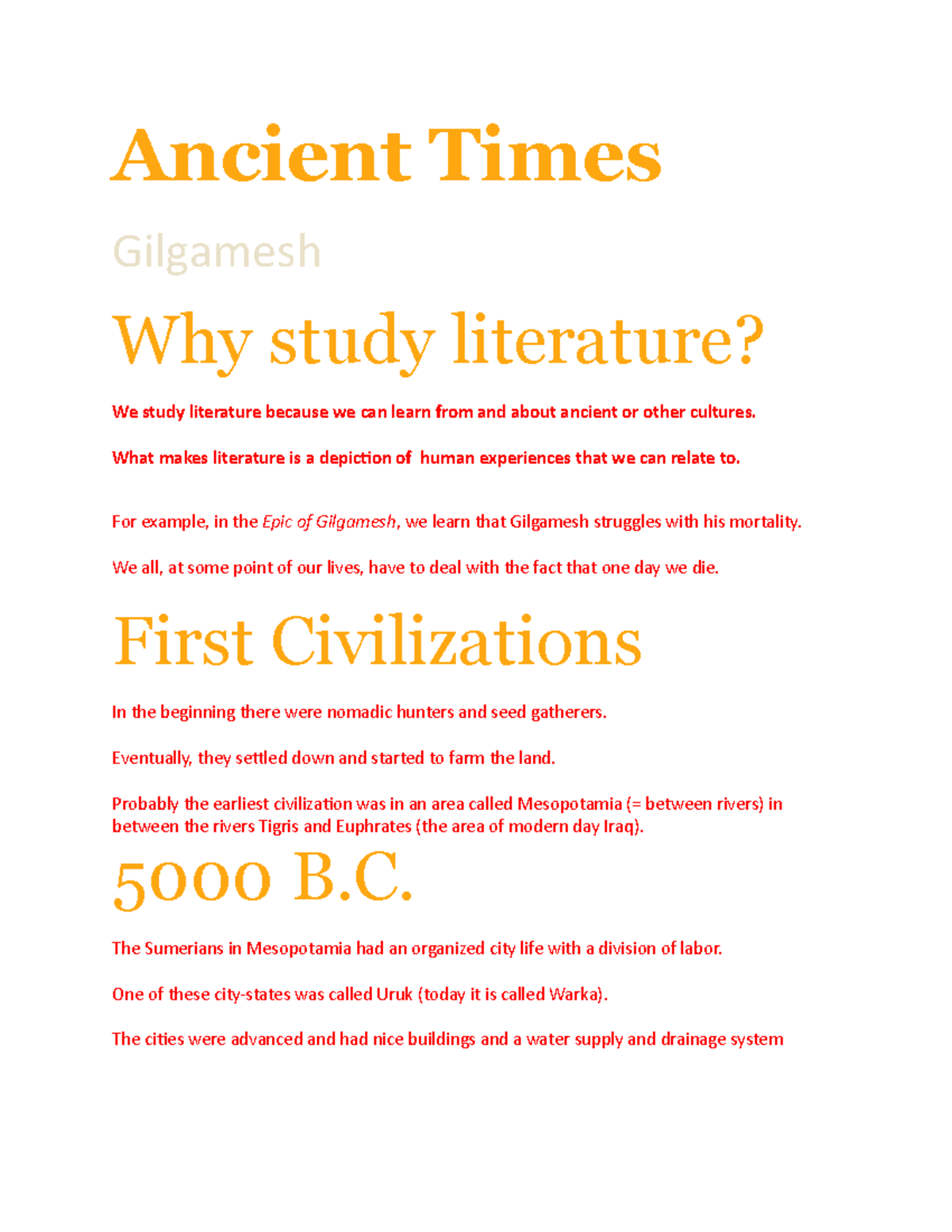 Ancient Times - notes - Ancient Times Gilgamesh Why study literature ...