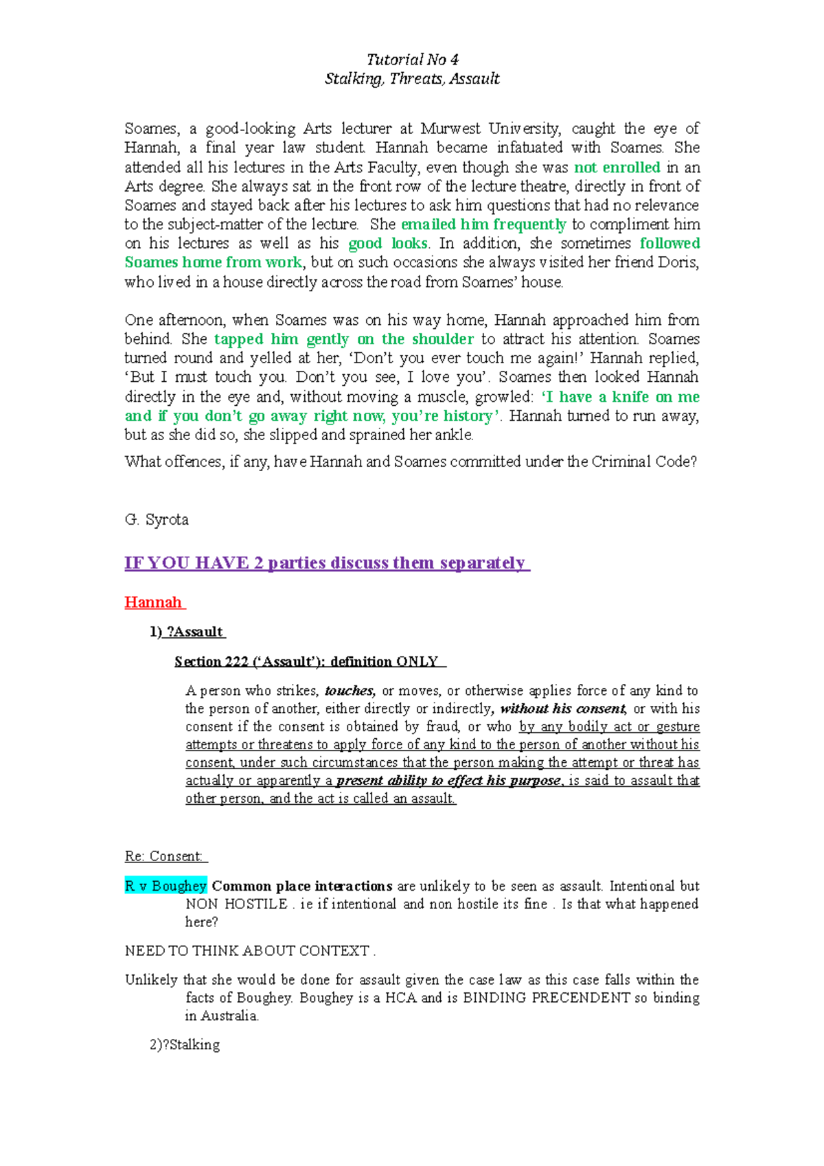 LLB130 EXAM tute Threats and Stalking - Tutorial No 4 Stalking, Threats ...