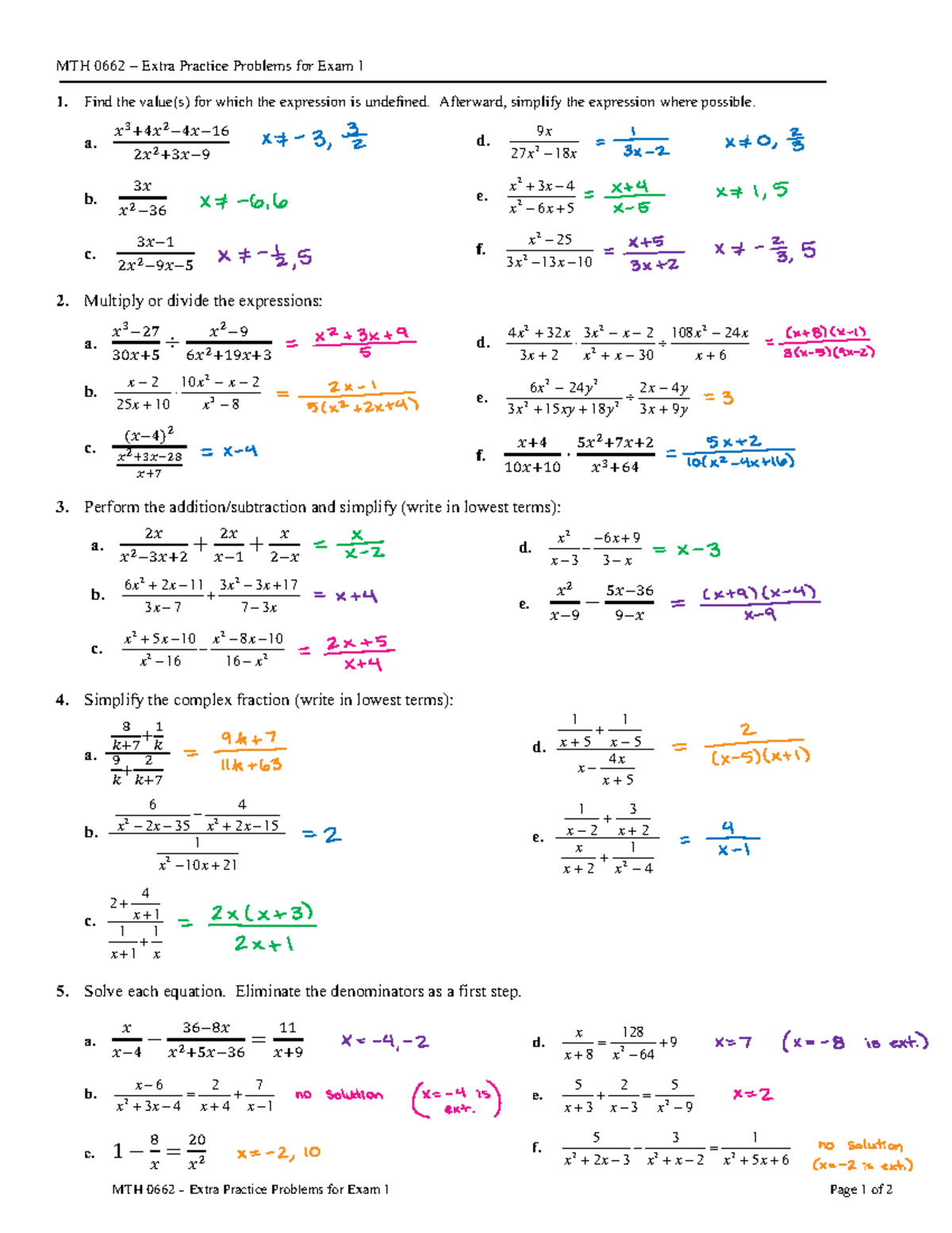 MTH 0662 - W22 - Extra Practice Problems for Exam 1 - Answers - MTH ...