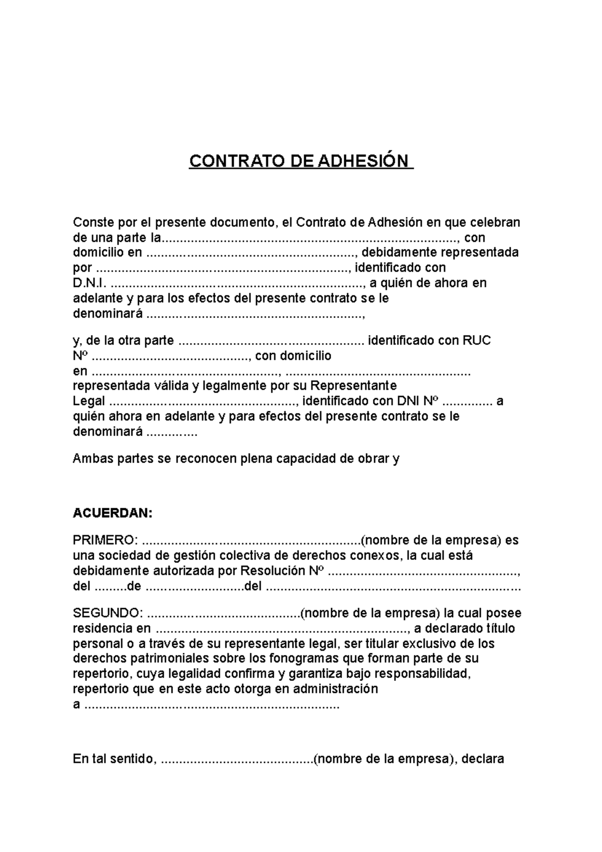 Contrato-de-Adhesion - CONTRATO DE ADHESIÓN Conste por el presente ...