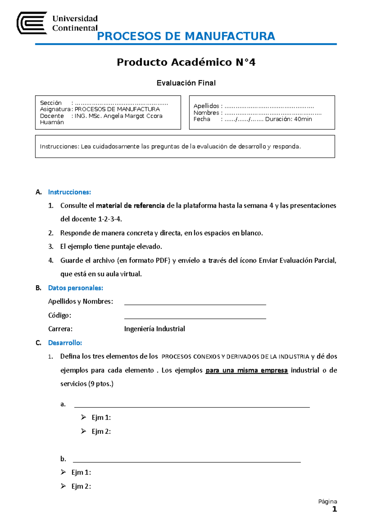 PM Procesos DE Manufactura EF - Producto Académico N° Evaluación Final A. Instrucciones ...