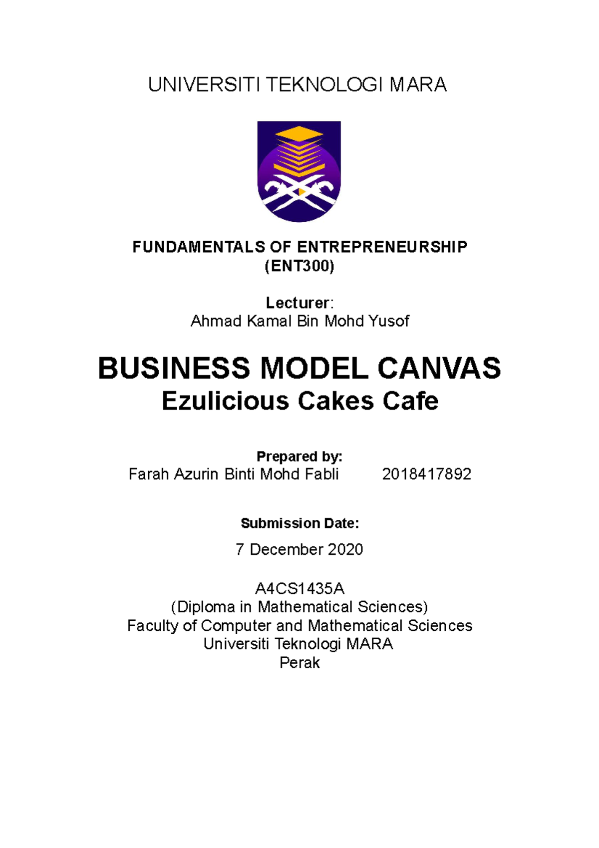 BMC BAKERY AND CAFE - UNIVERSITI TEKNOLOGI MARA FUNDAMENTALS OF ...