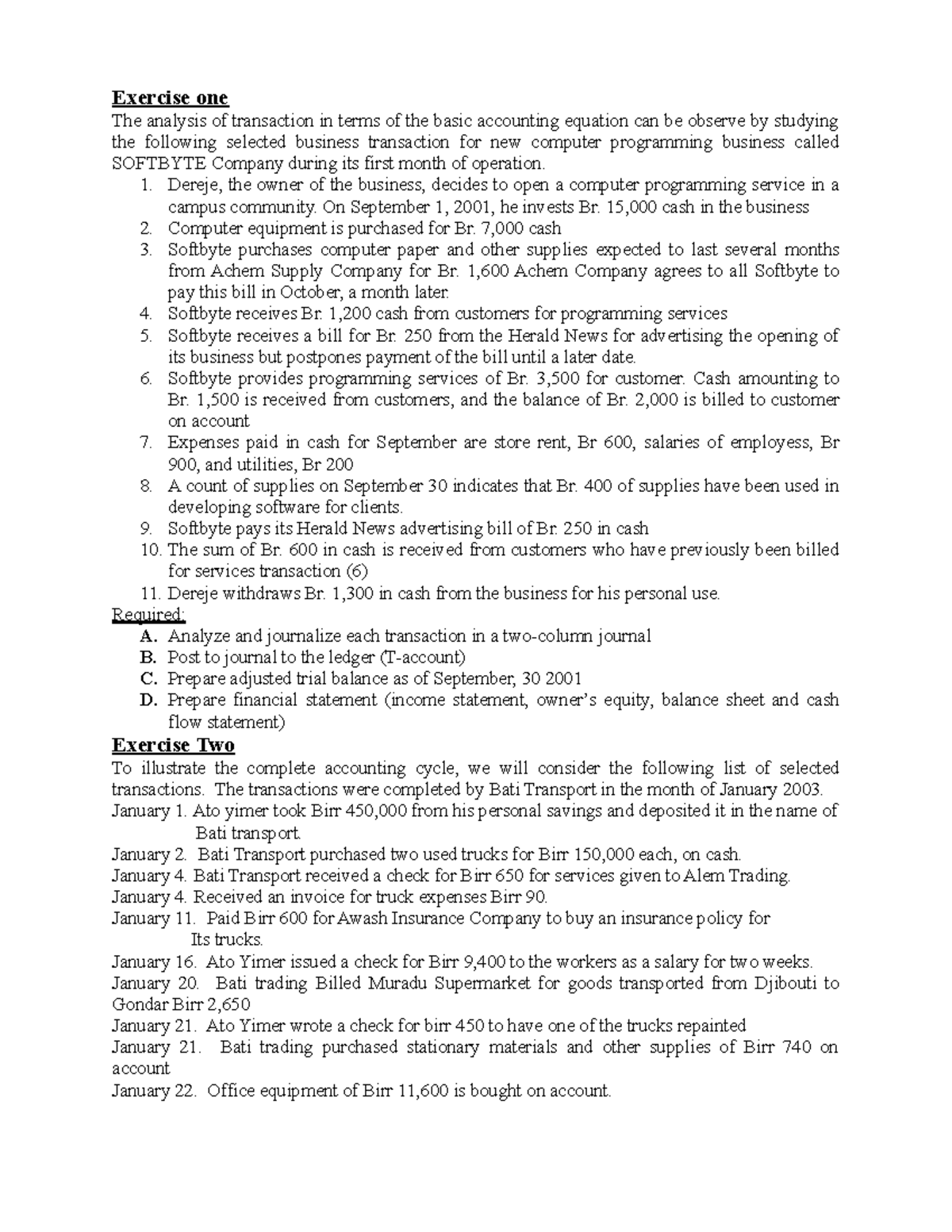 Worksheet - Exercise one The analysis of transaction in terms of the ...