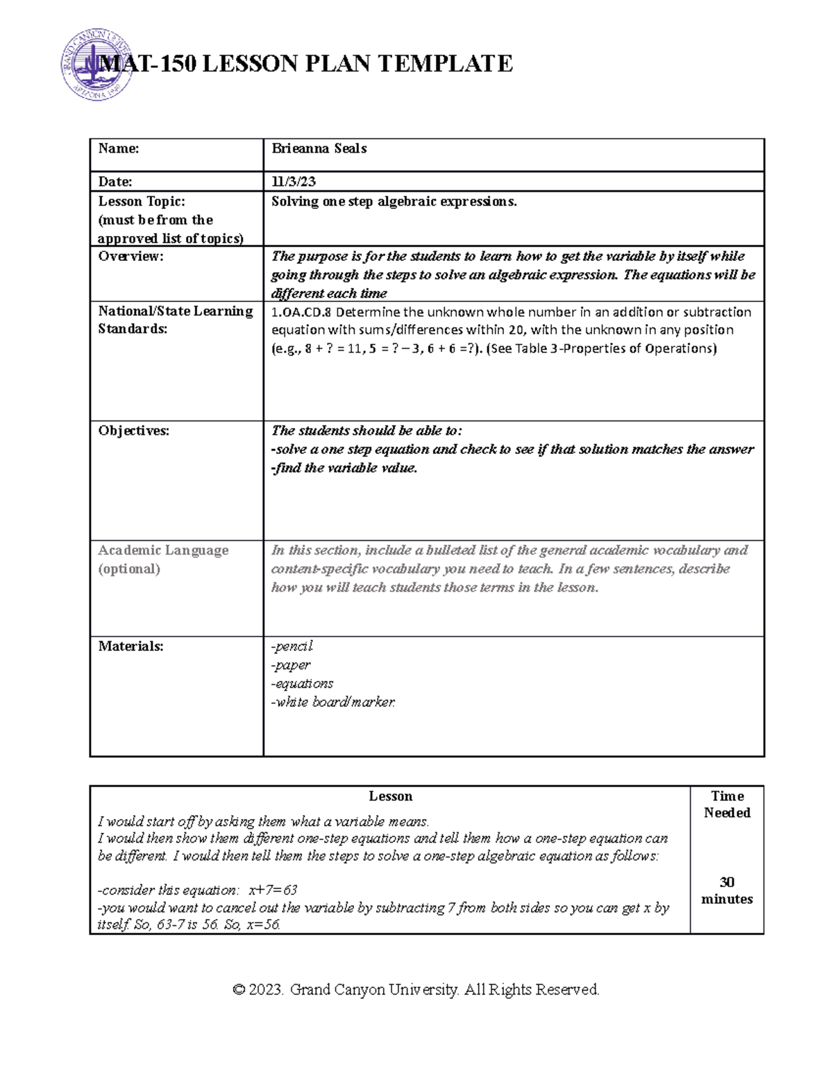 Mat-150 lesson plan [Project number 2 - MAT-150 LESSON PLAN TEMPLATE ...