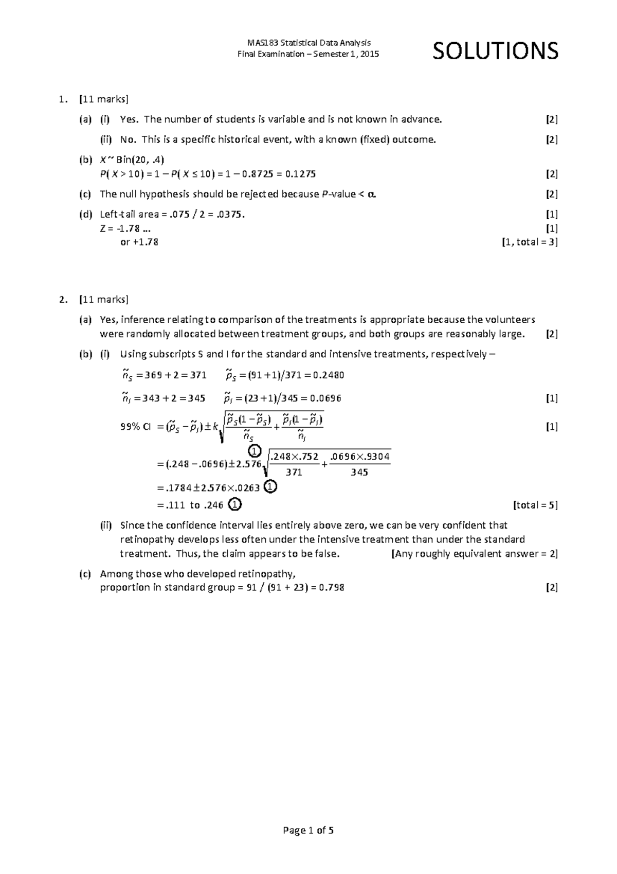 Exam 2015, semester 1, answers - MAS183 Statistical Data Analysis Final ...