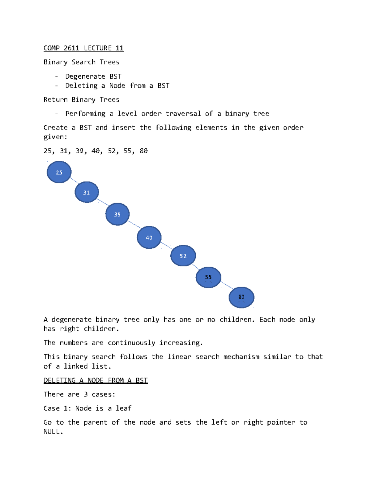 Comp 2611 Lecture 11 Summary Comp 2611 Lecture 11 Binary Search Trees Degenerate Bst 