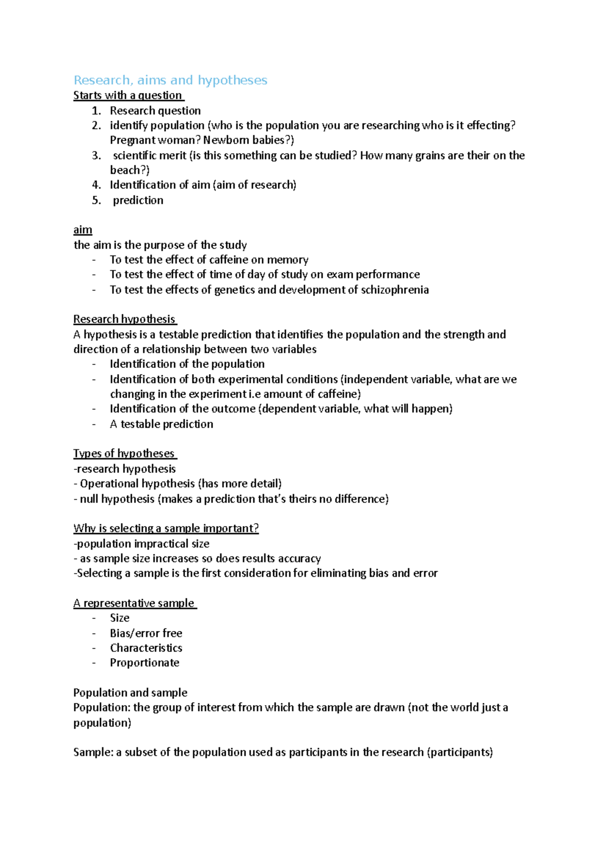 Variables edrolo notes - Research, aims and hypotheses Starts with a ...