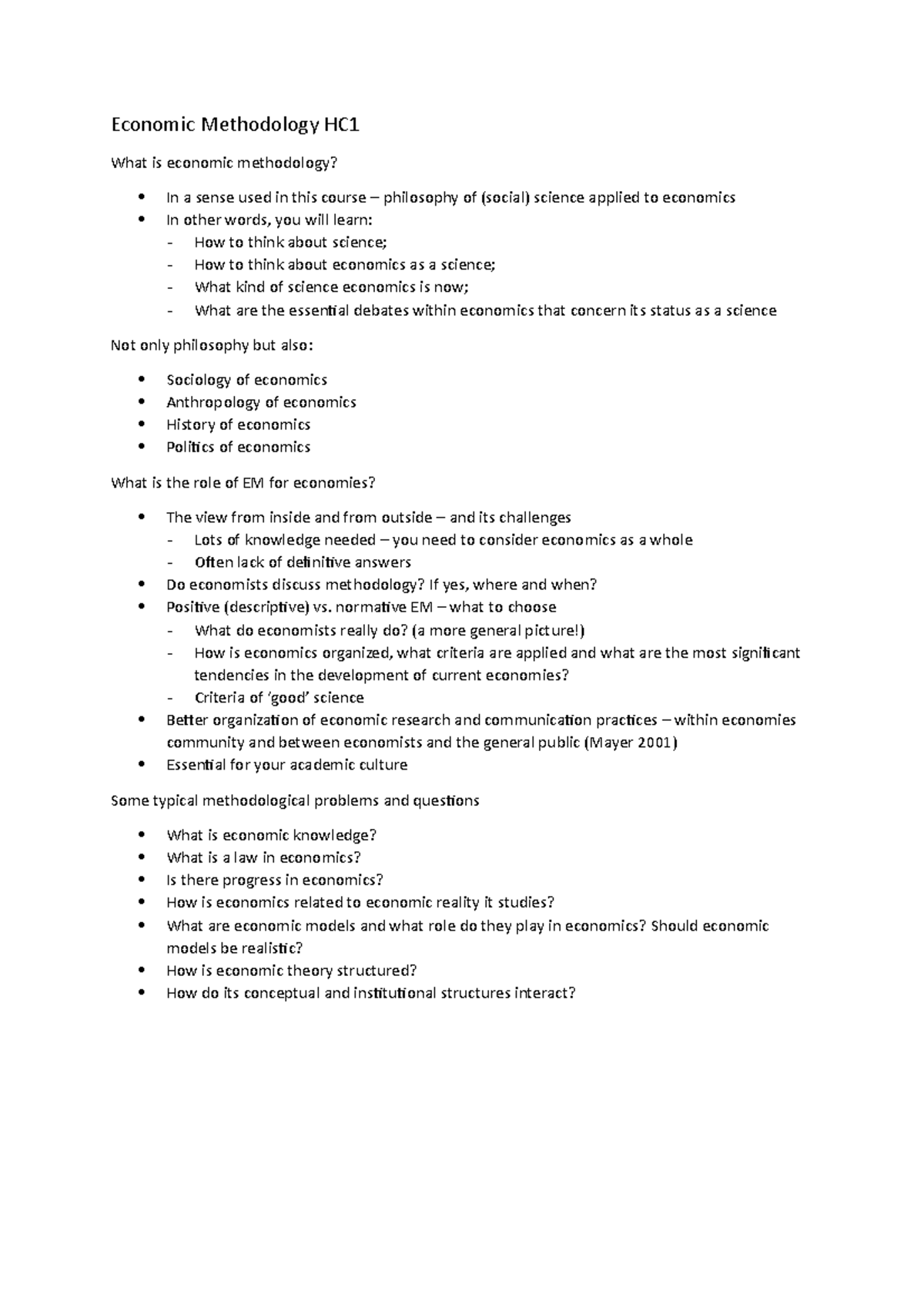 Economic Methodology HC1 - Economic Methodology HC What is economic ...