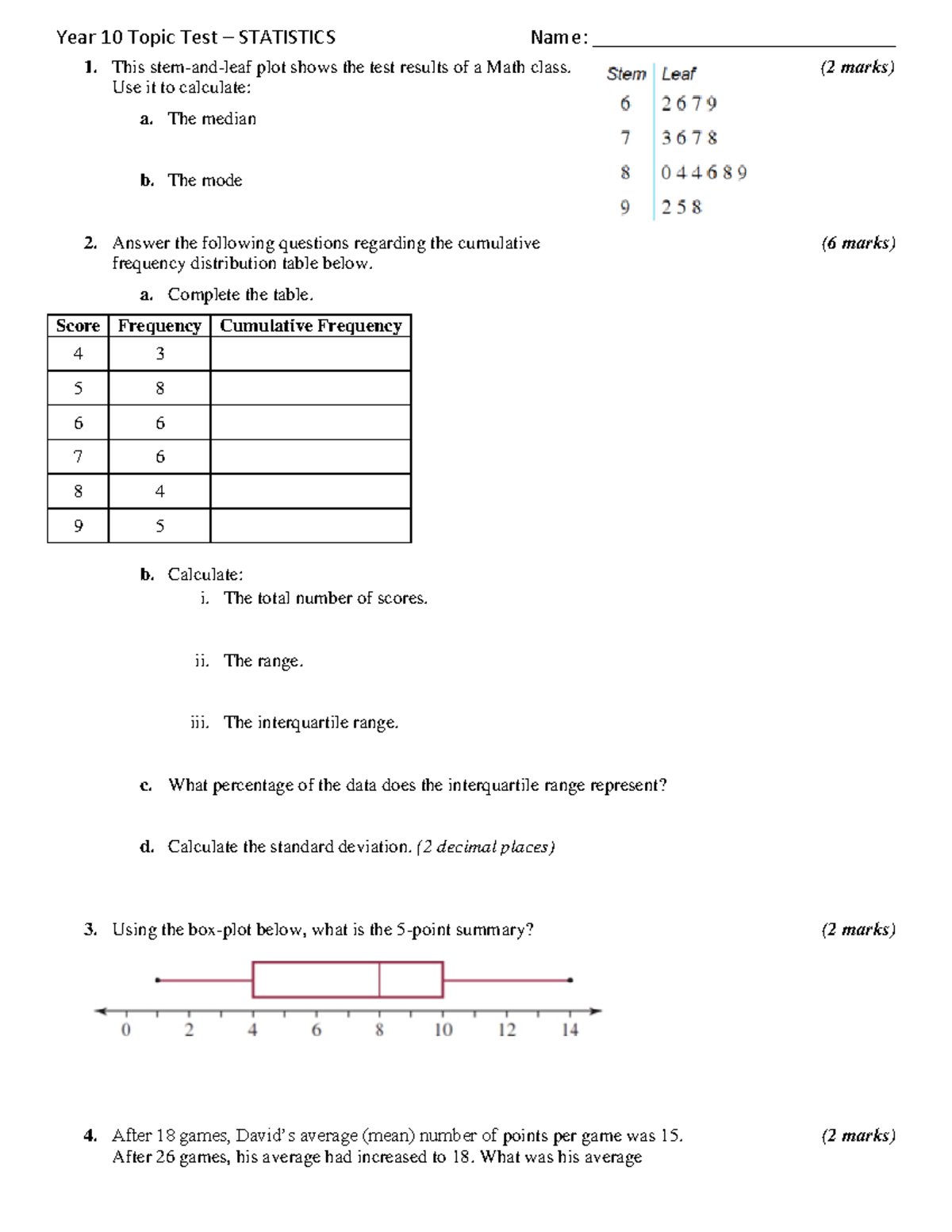 Year 10 Statistics TT - Hello please enjoy - Year 10 Topic Test ...