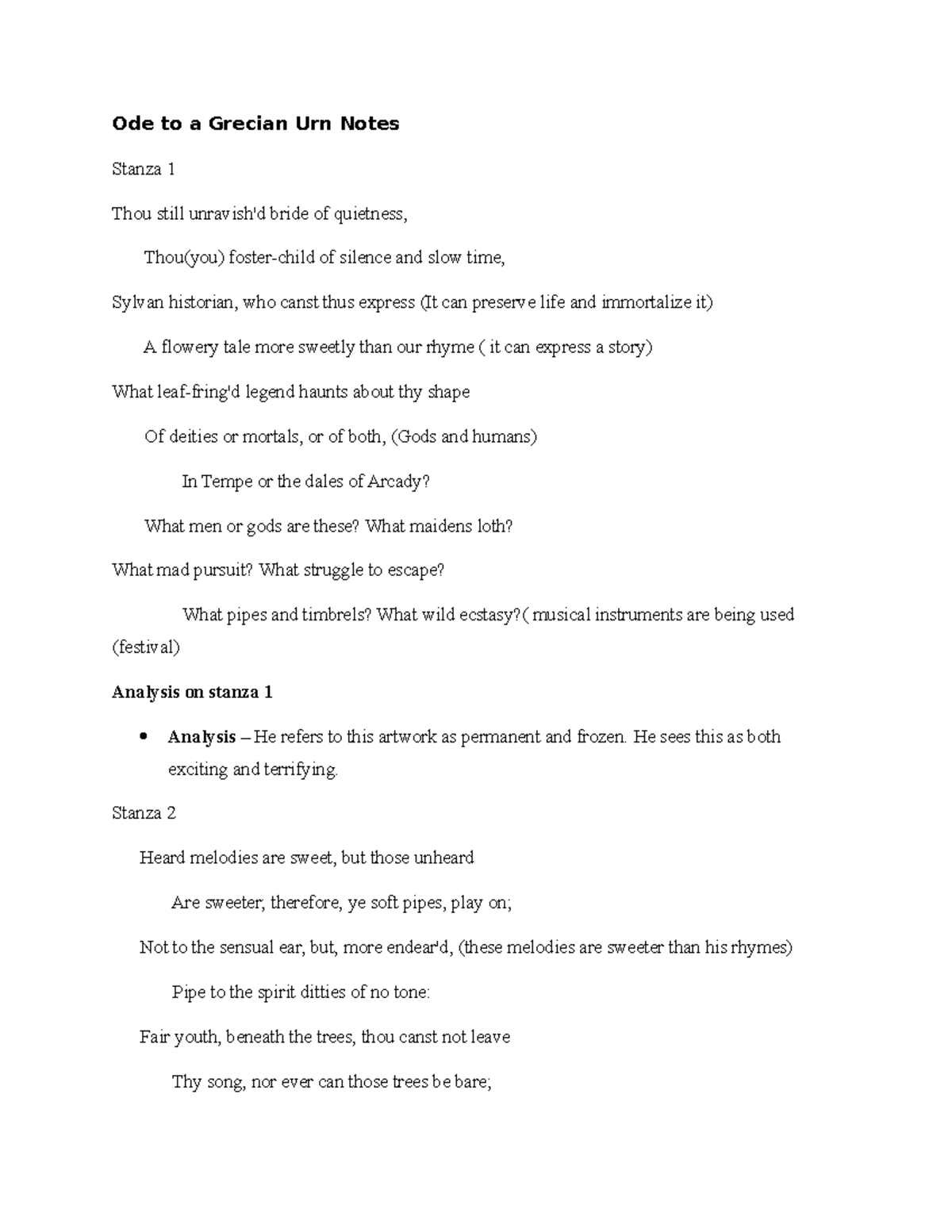 Ode to a Grecian Urn Notes - Ode to a Grecian Urn Notes Stanza 1 Thou ...