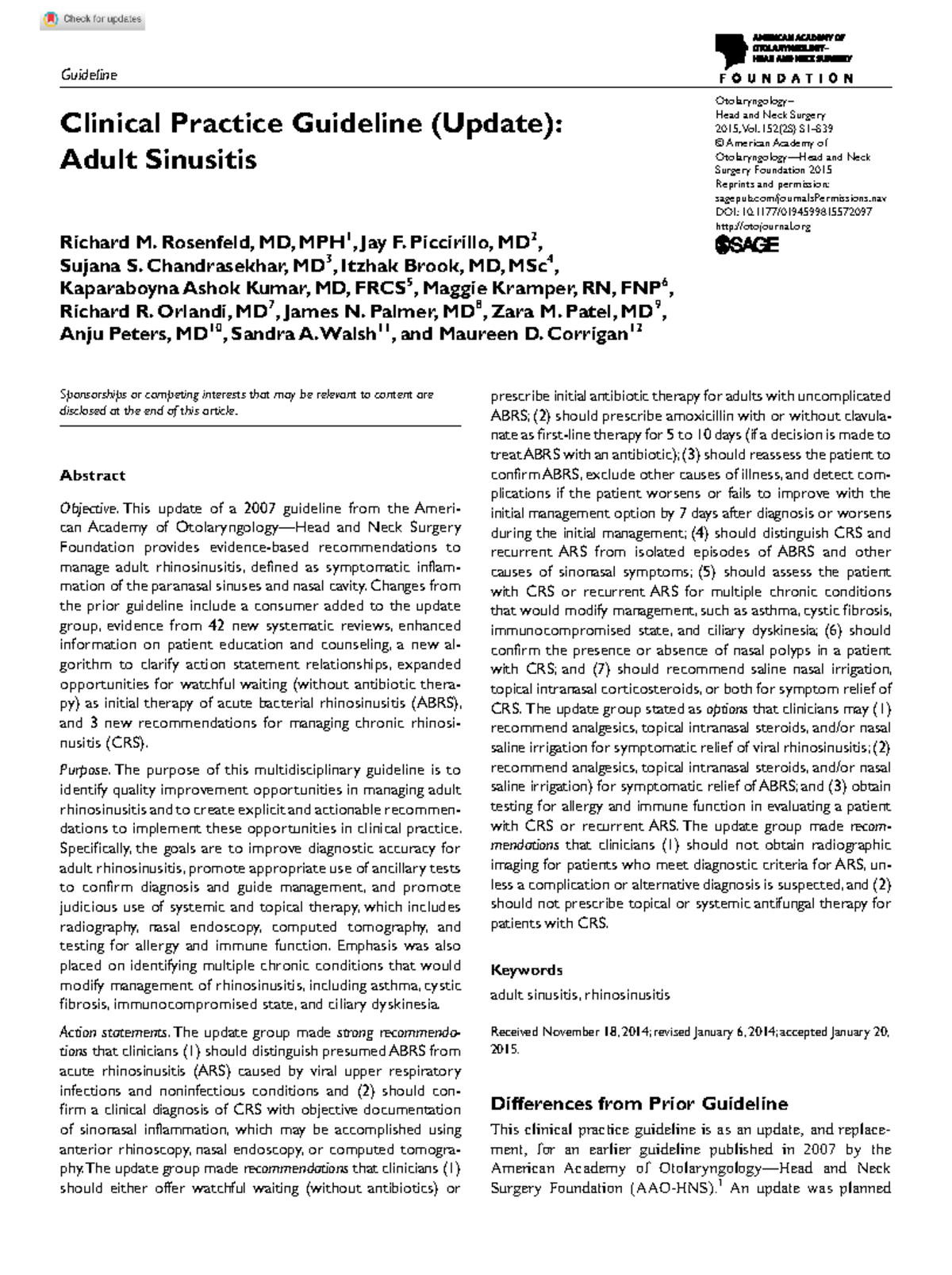 Clinical Practice Guideline Adult Sinusitis American Academy of ...